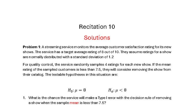 Recitation 10 Solutions: Hypothesis Testing & Regression Analysis - Studocu