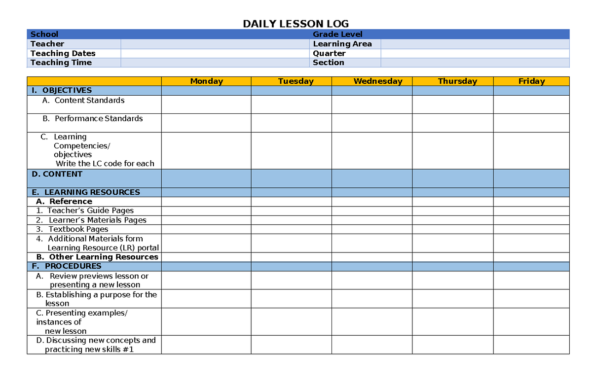 Daily Lesson LOG Template - DAILY LESSON LOG School Grade Level Teacher ...