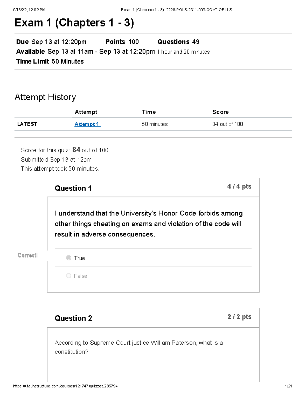 Exam 1 (Chapters 1 - 3) 2228-POLS-2311-009-GOVT OF U S - Exam 1 (Chapters 1 - 3) Due Sep 13 at ...
