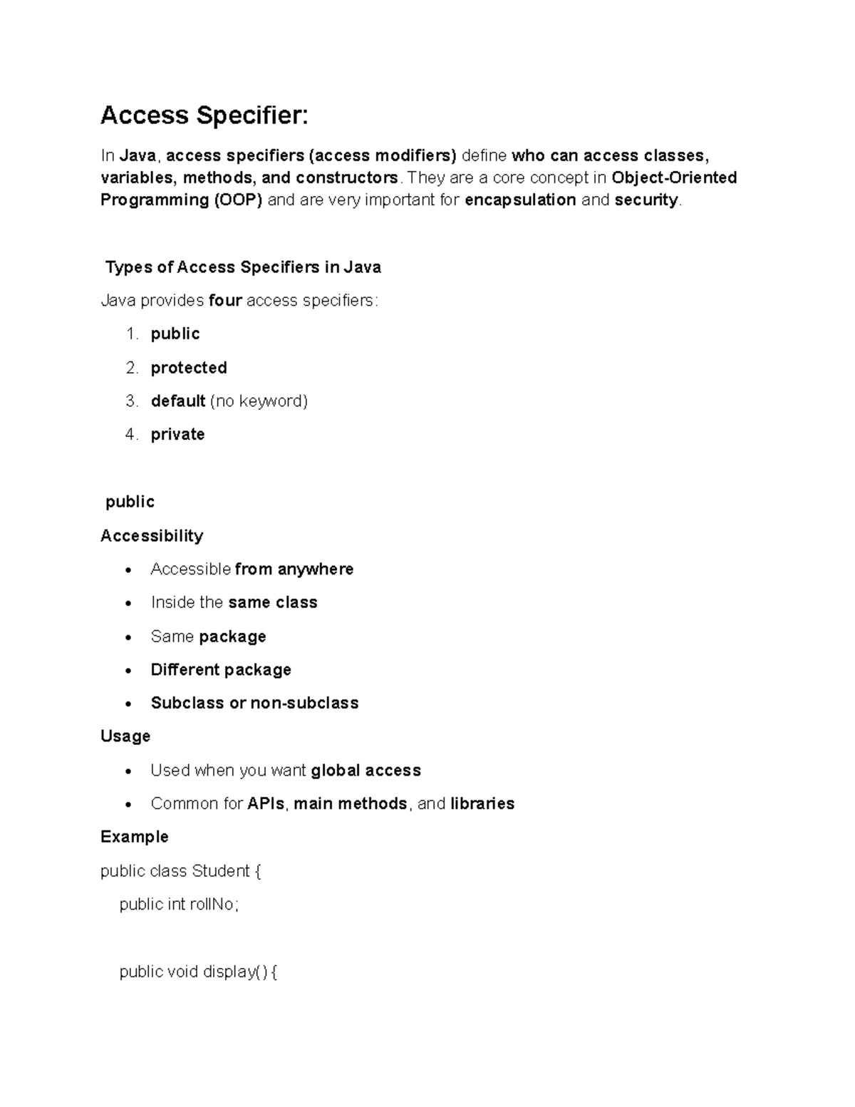 Access Specifiers in Java: Understanding OOP Fundamentals - Studocu