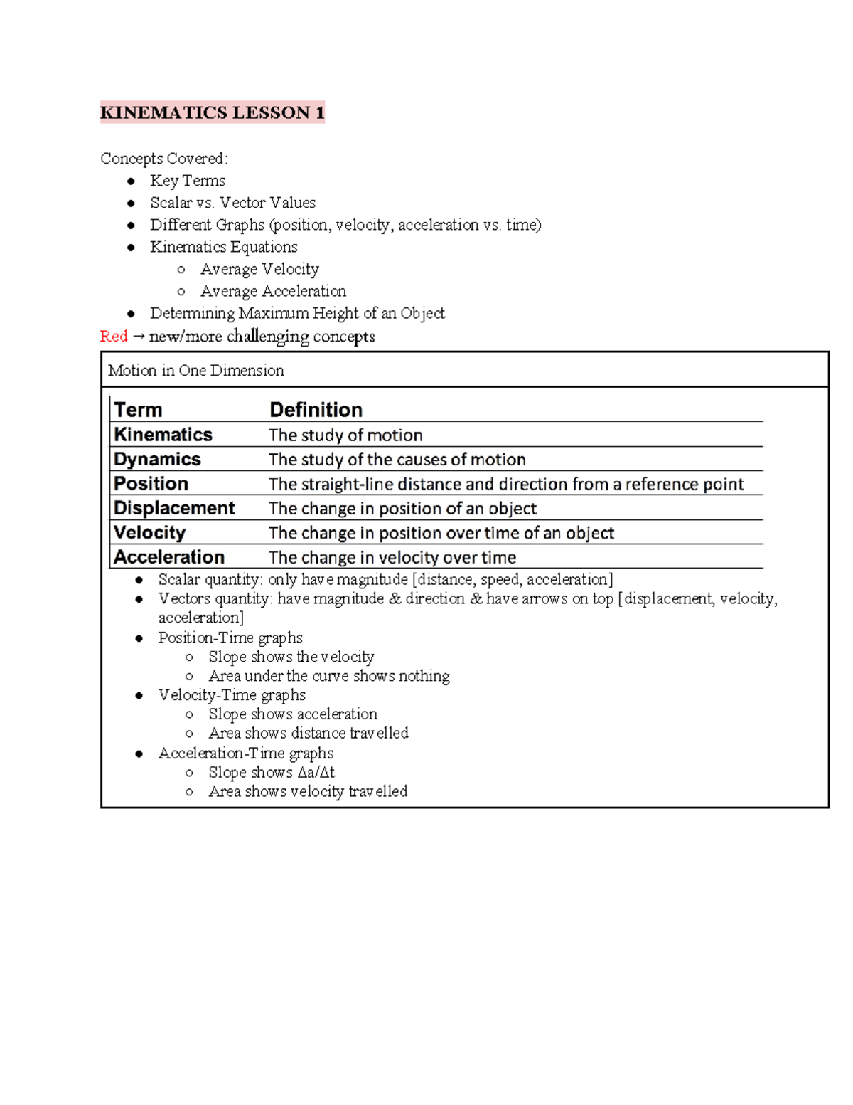 Kinematics & Dynamics lesson notes - KINEMATICS LESSON 1 Concepts ...