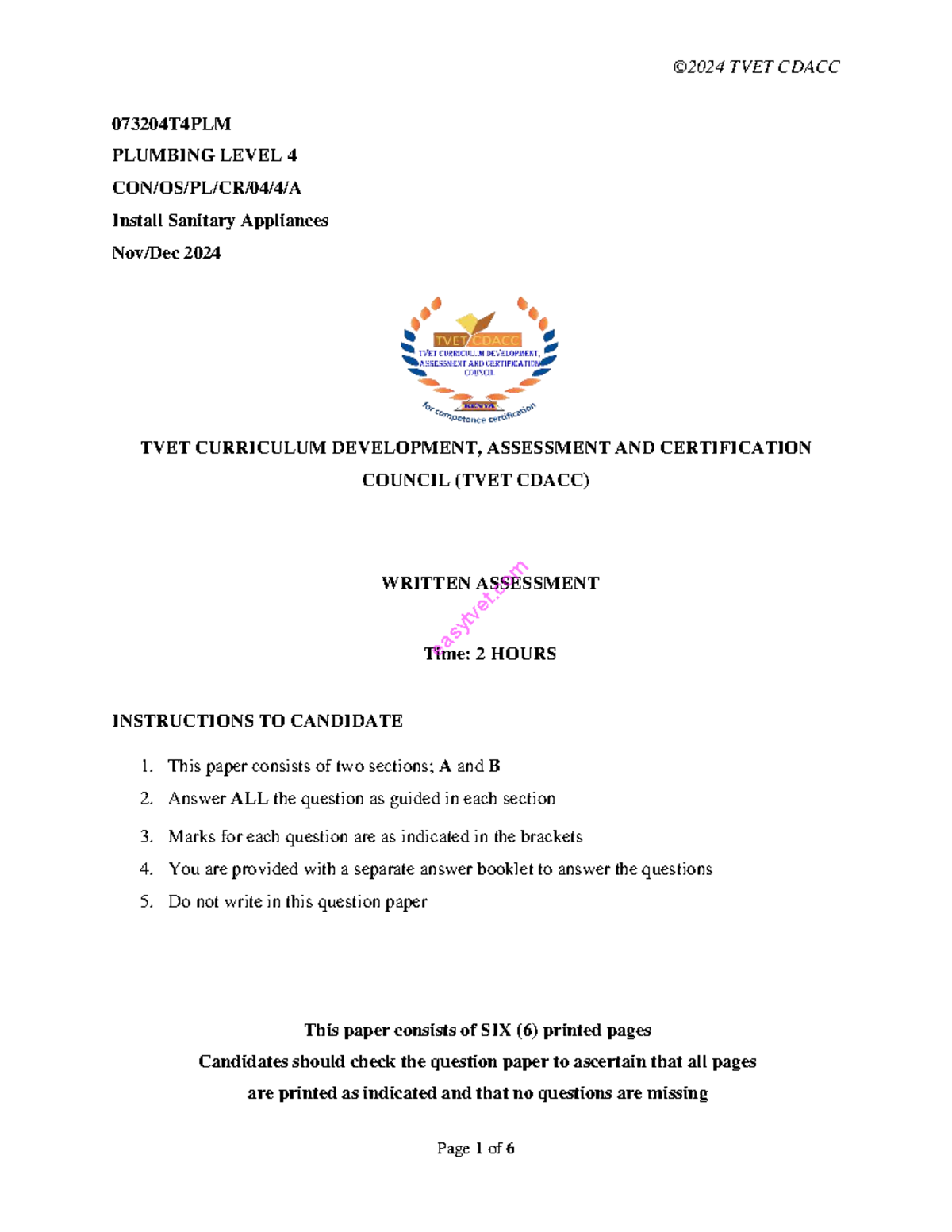 TVET CDACC 073204T4PLM Plumbing Level 4: Sanitary Appliances Assessment ...