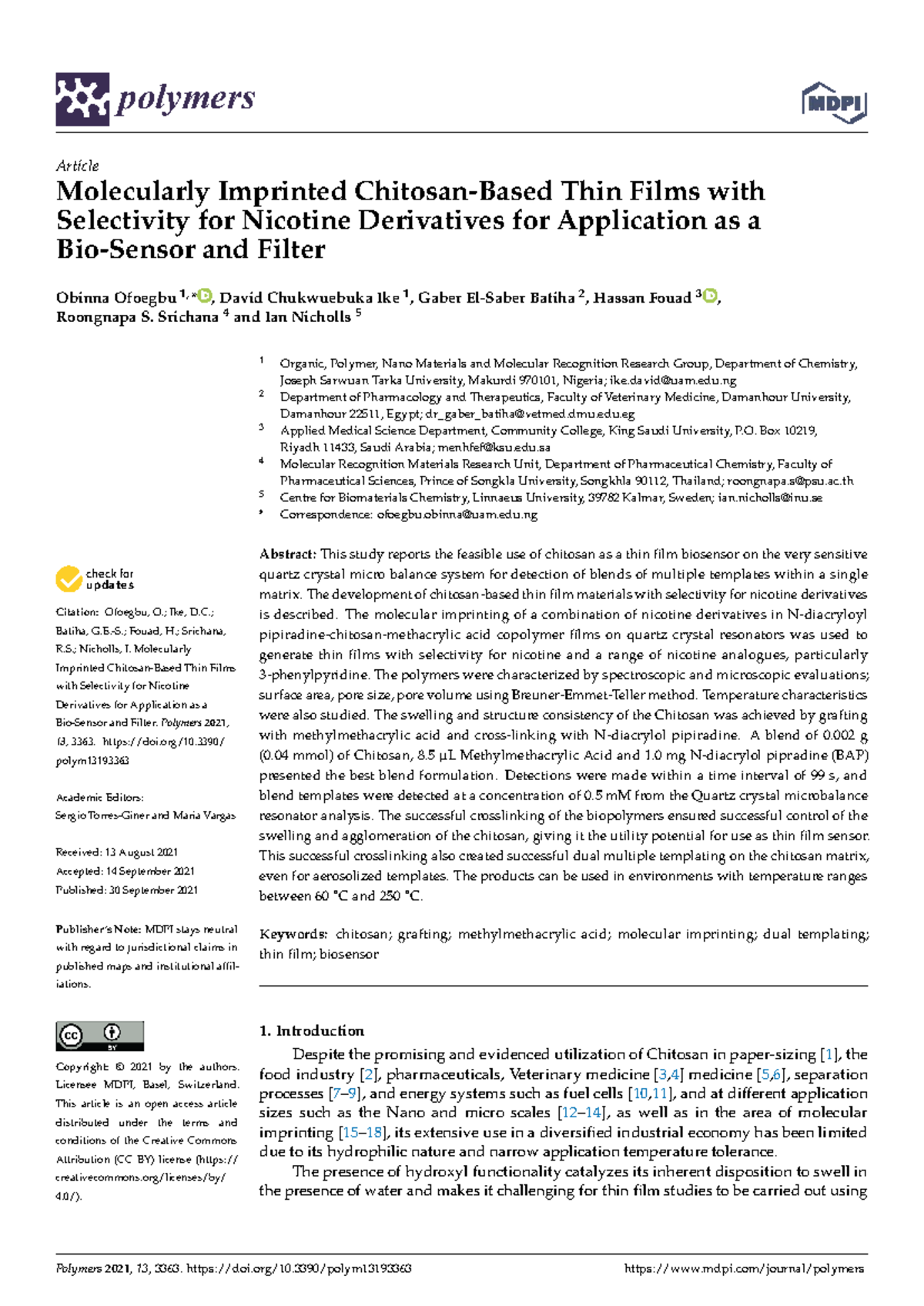 Molecularly Imprinted Thin Films for Nicotine Detection (POLY 13) - Studocu