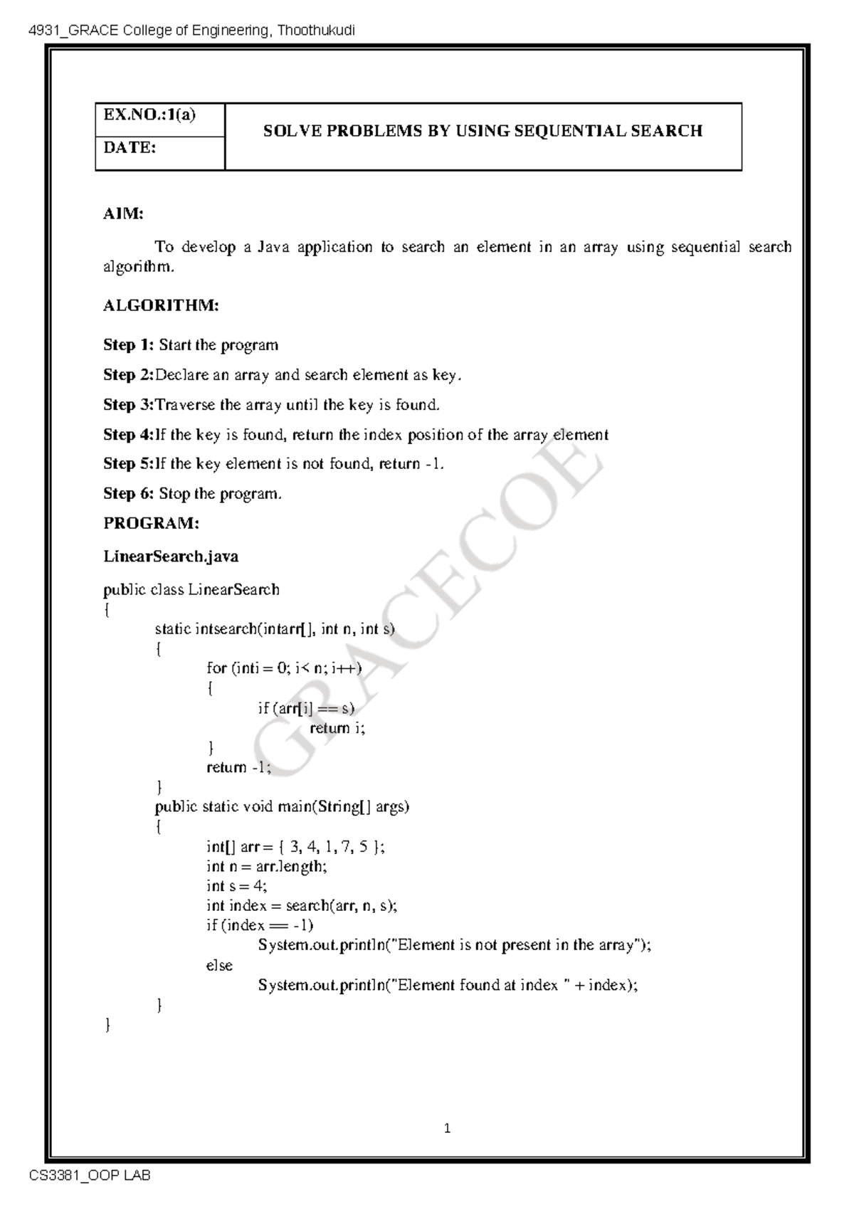 III CSE CS3381 OOP LAB - Java Applications for Search & Sort Algorithms - Studocu