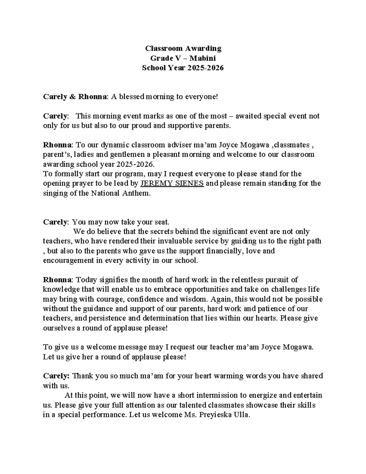 Grade V Mabini School Year 2026 Classroom Awarding Script - Studocu