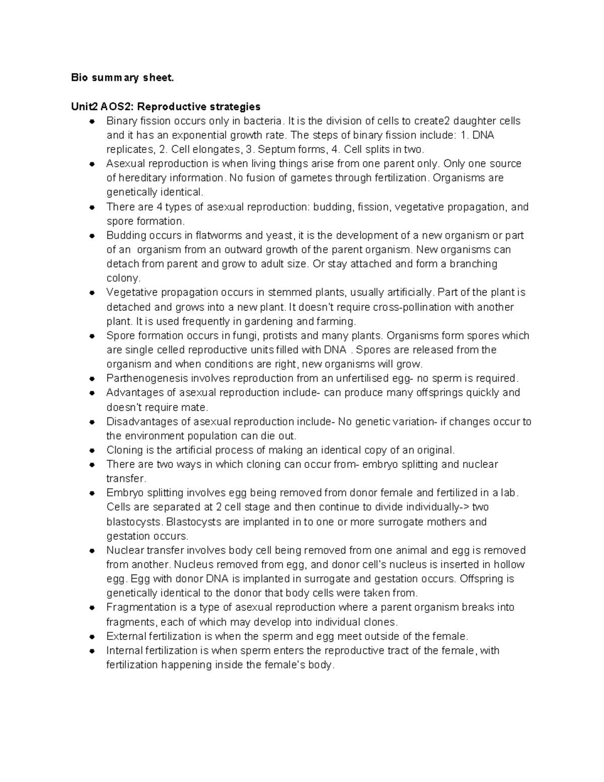 Bio Summary Sheet: Unit 2 AOS 2 - Reproductive Strategies and ...