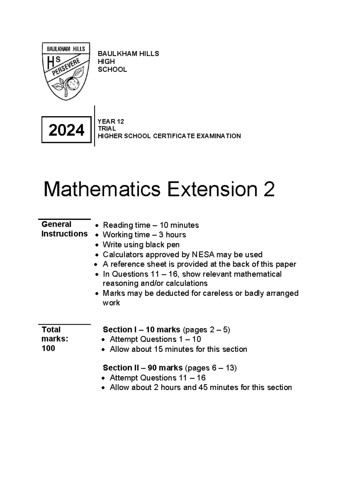 Baulkham Hills 2024 Year 12 4U Trial Exam Solutions - Studocu