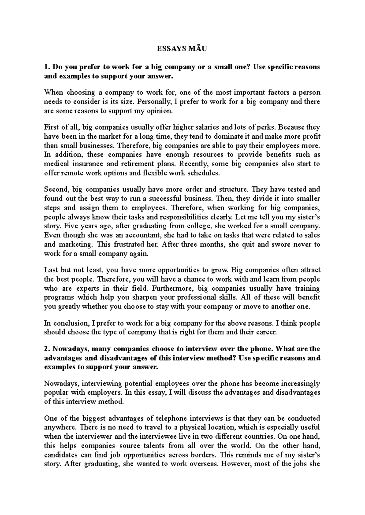 Essay MẪU - Advantages of Working in Big Companies and Interview ...