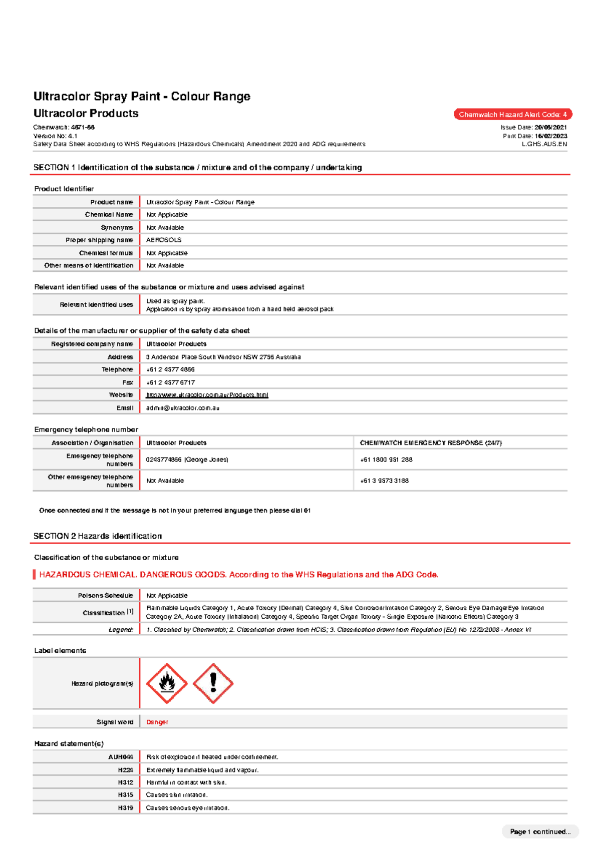 Ultracolor Spray Paint Colour Range Safety Data Sheet (SDS) - Studocu