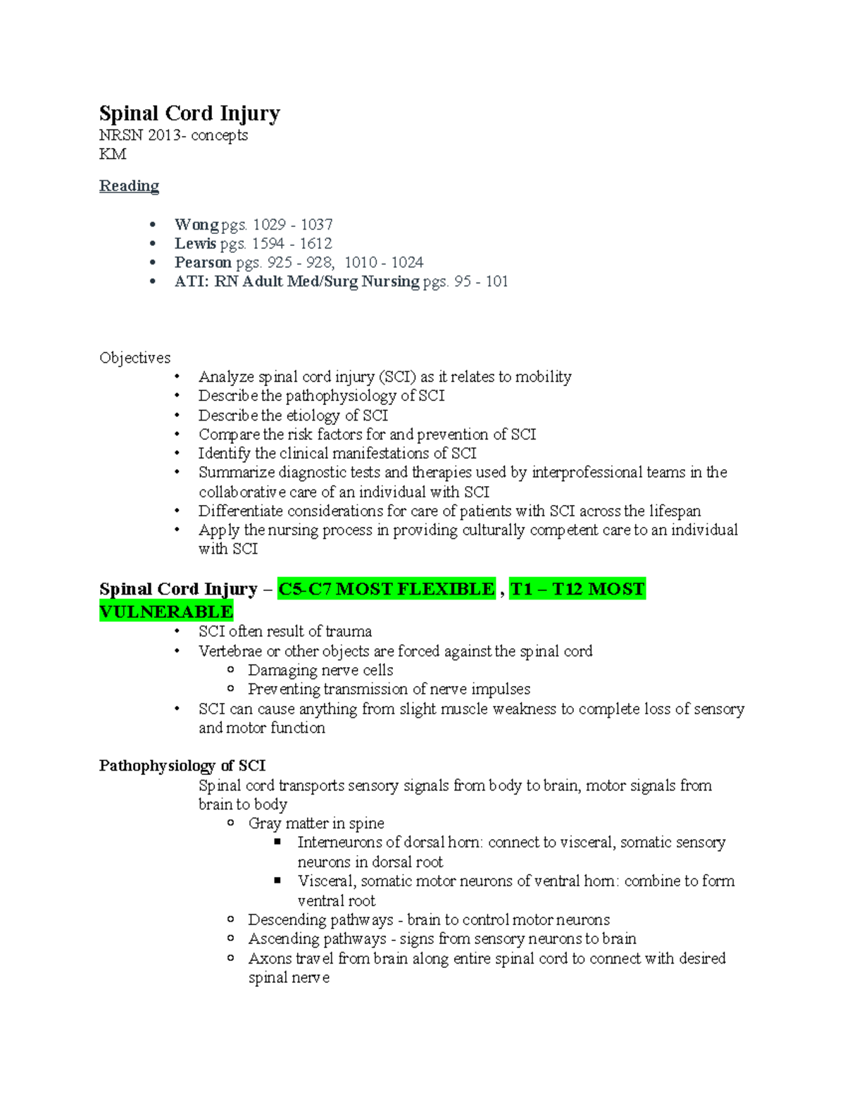 Spinal Cord Injury NRSN Concepts: Week 1 Overview and Key Points - Studocu