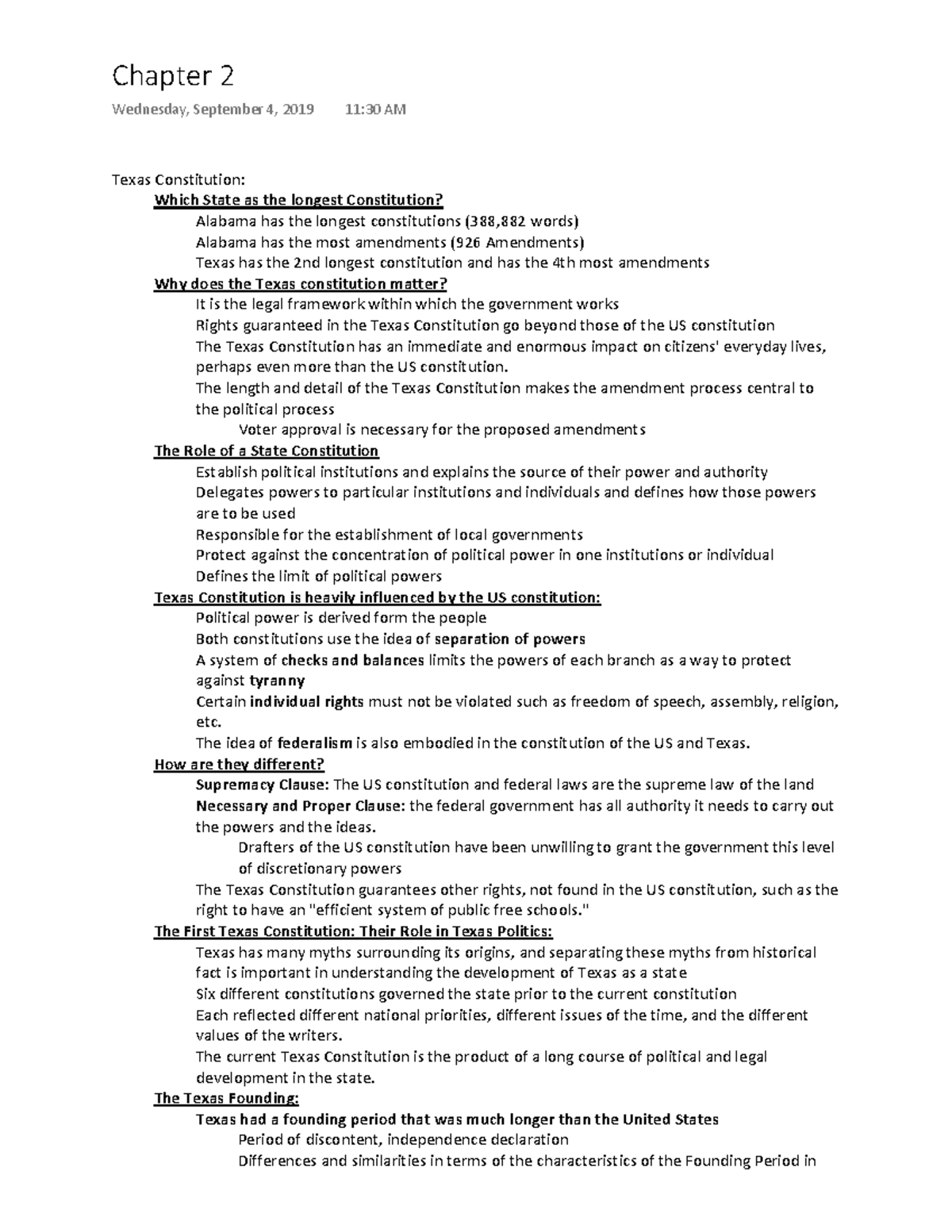 Notes 4 - N/A - Chapter 2 Wednesday, September 4, 2019 11:30 AM Texas ...