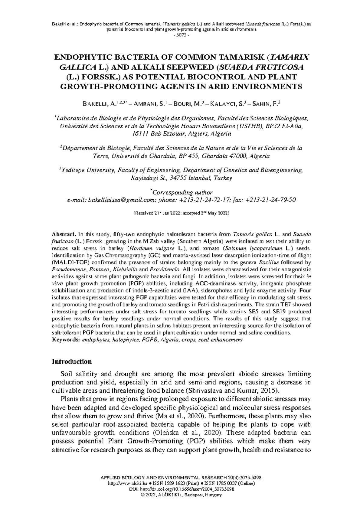 Endophytic Bacteria from Tamarix gallica & Suaeda fruticosa: Biocontrol ...