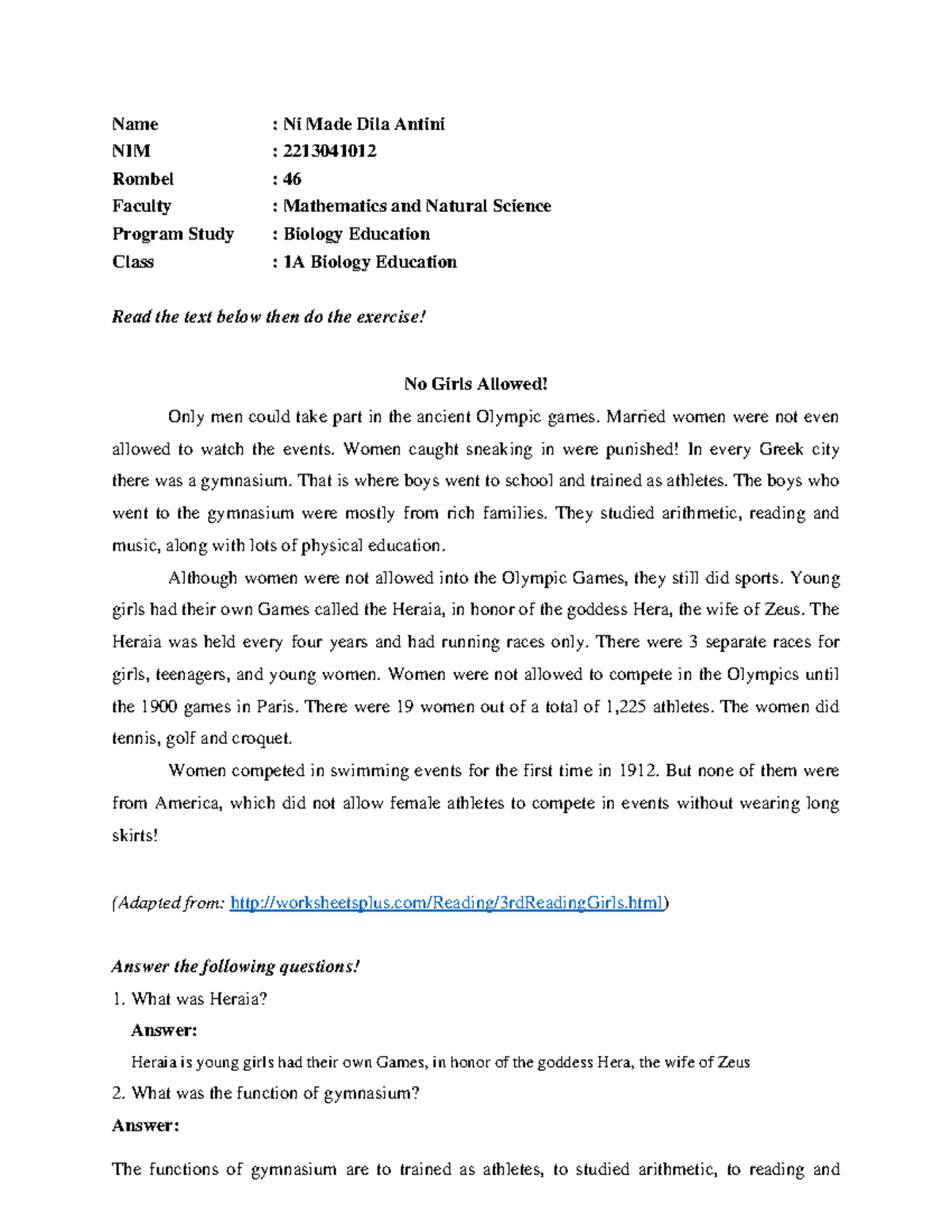 Sport Reading Assignment: Girls in the Ancient Olympic Games - Studocu
