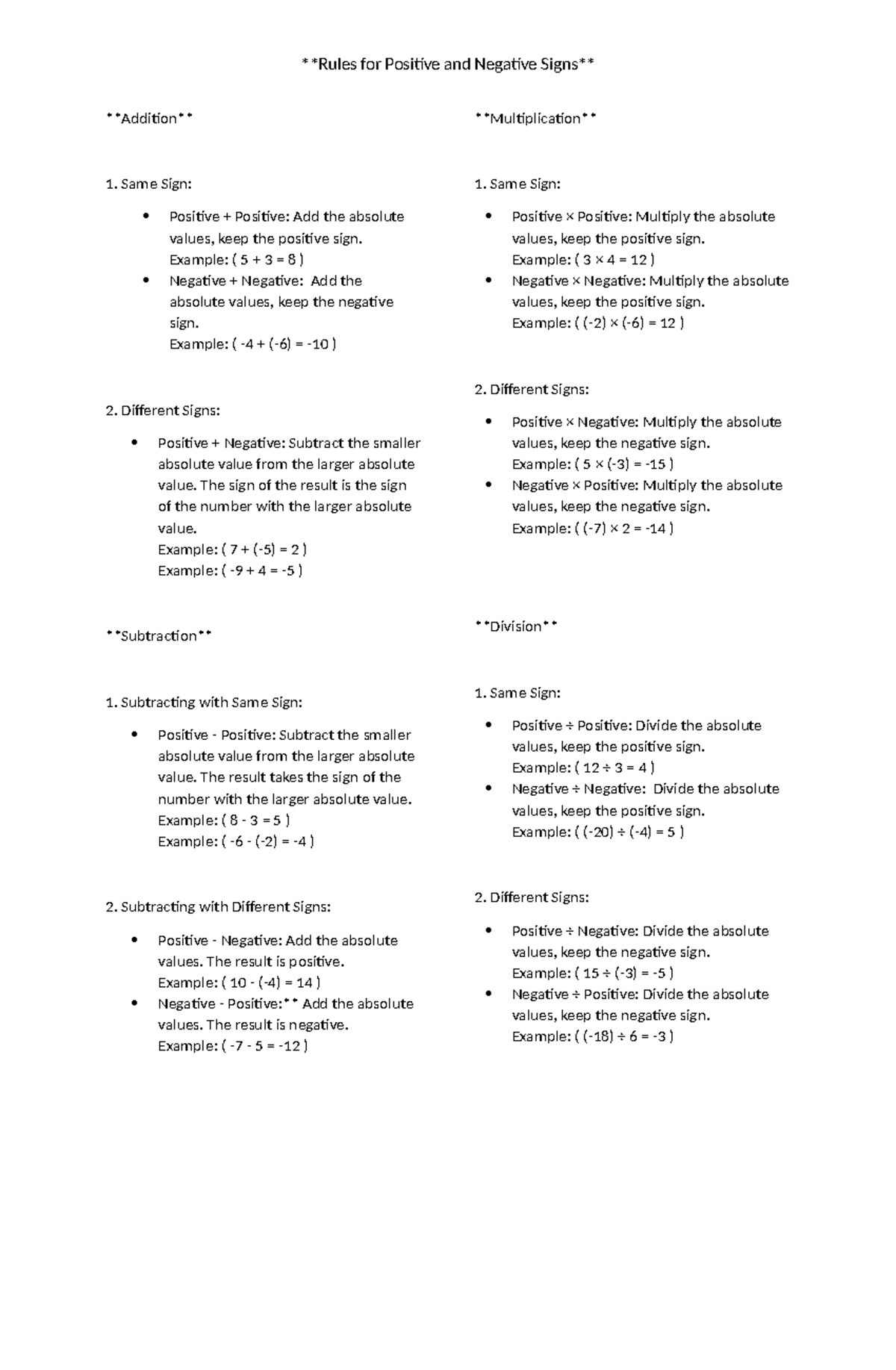 Rules for Signs: Positive and Negative Operations Explained - Studocu