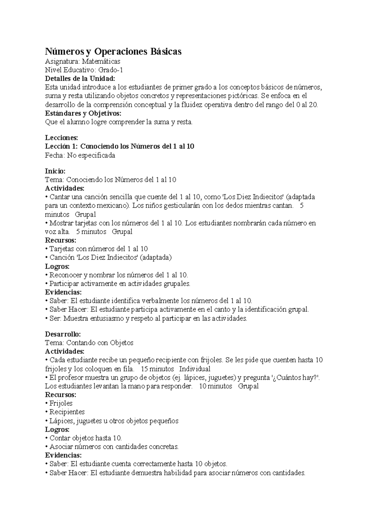 Números y Operaciones Básicas: Unidad para Primer Grado en Matemáticas ...