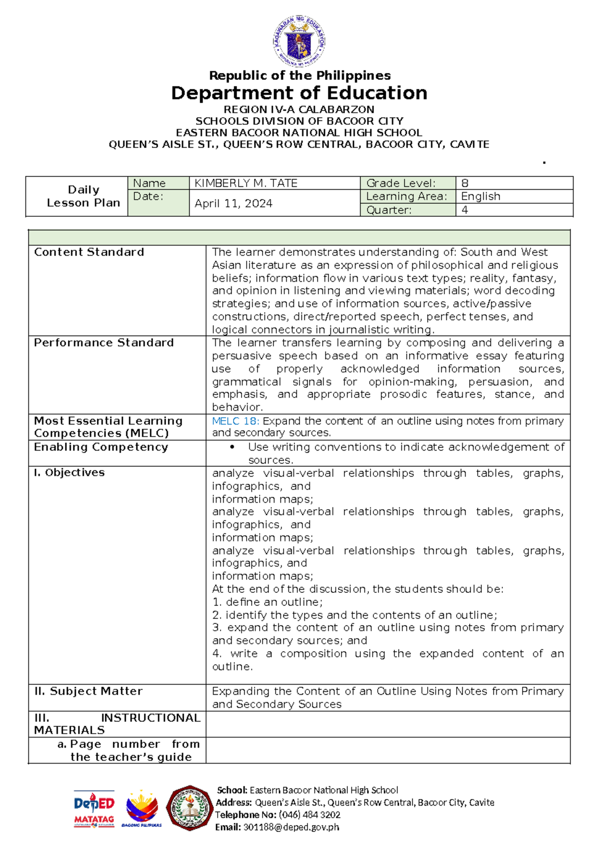 DLP Content Outline 1 - DLP - Republic of the Philippines Department of ...