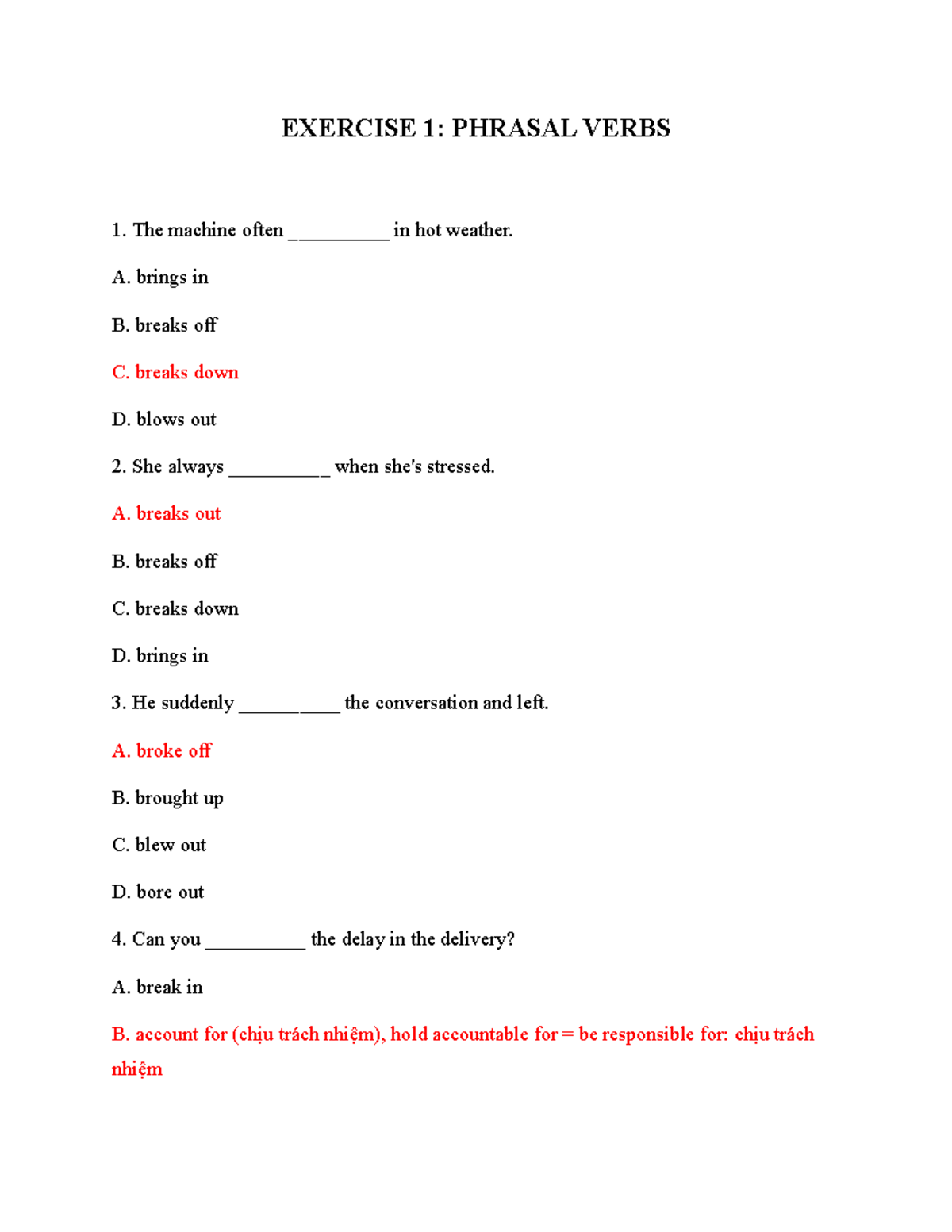 EXERCISE 1: PHRASAL VERBS PRACTICE AND QUIZ - Studocu