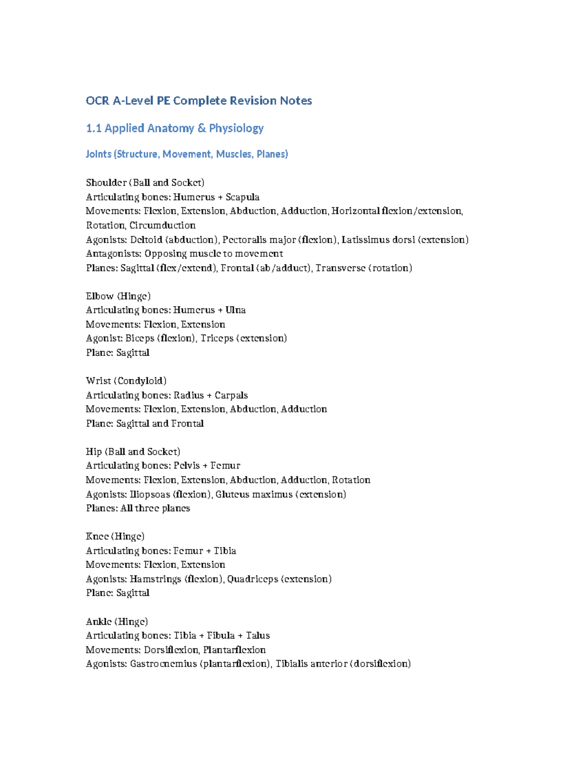 OCR A Level PE Complete Revision Notes: Applied Anatomy & Physiology of ...
