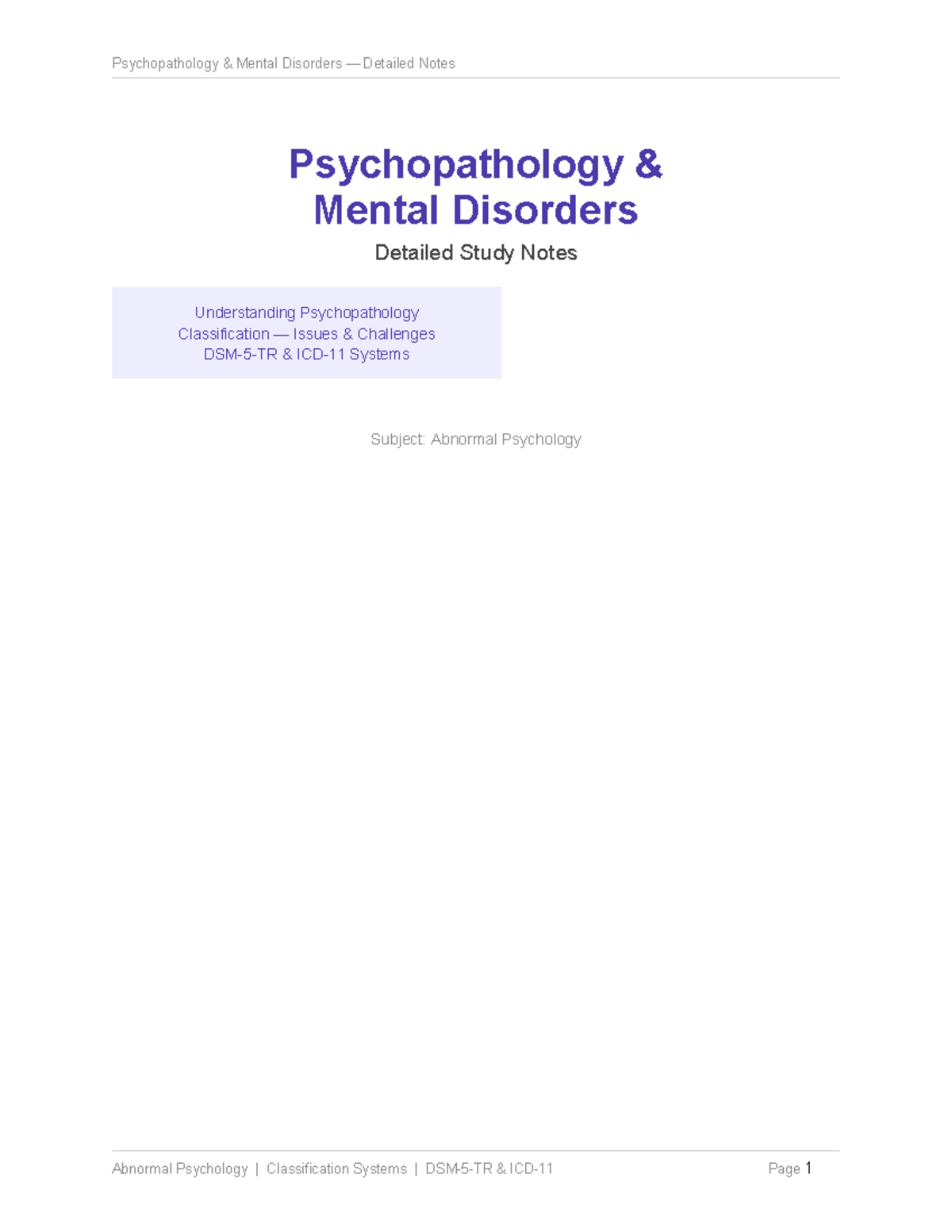 Abnormal Psychology (PSY 301) Detailed Study Notes on Psychopathology ...