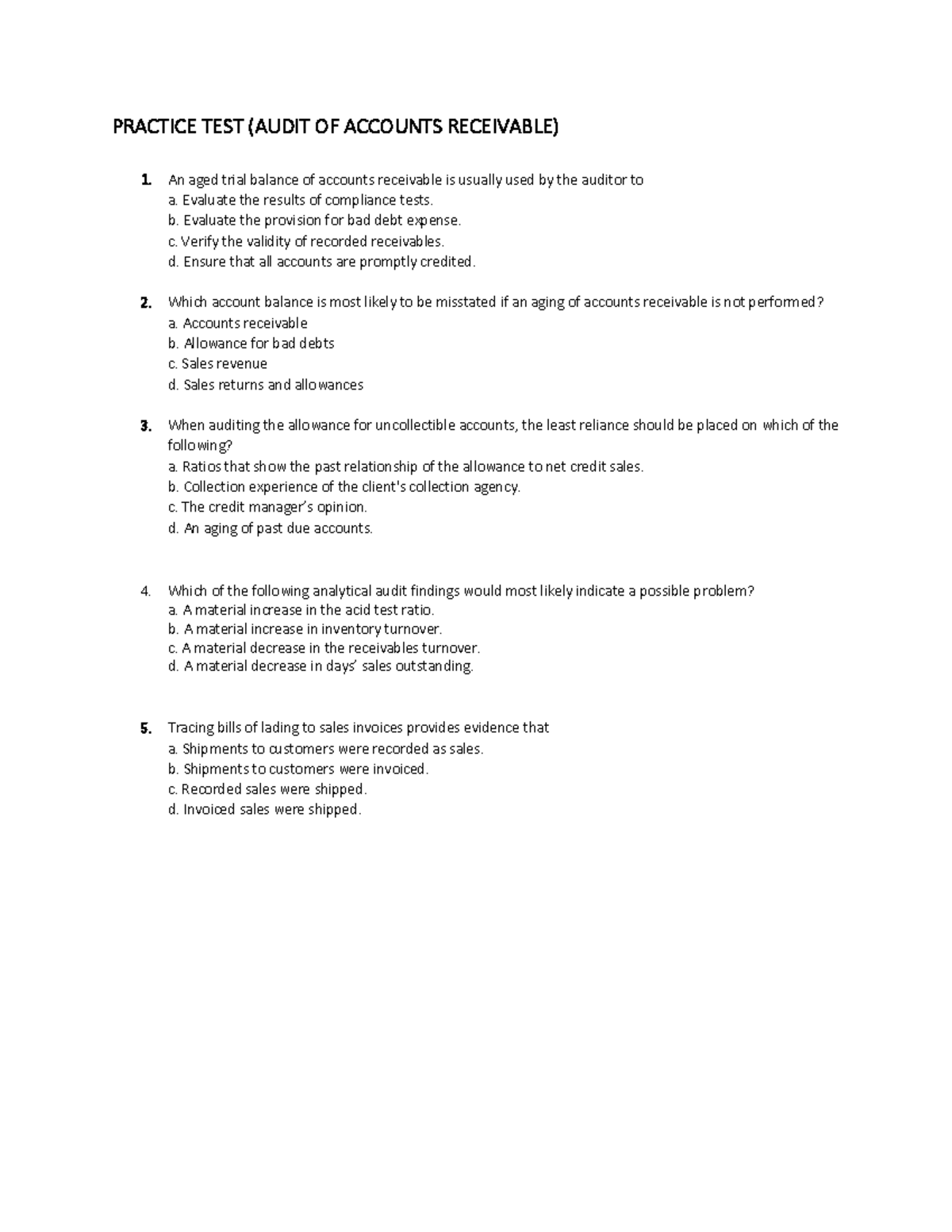 PRACTICE TEST (AUDIT OF ACCOUNTS RECEIVABLE) - REVISED - Studocu