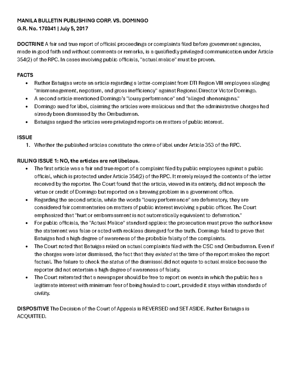 Manila Bulletin Publishing Corp. vs. Domingo G.R. No. 170341 Case Study ...