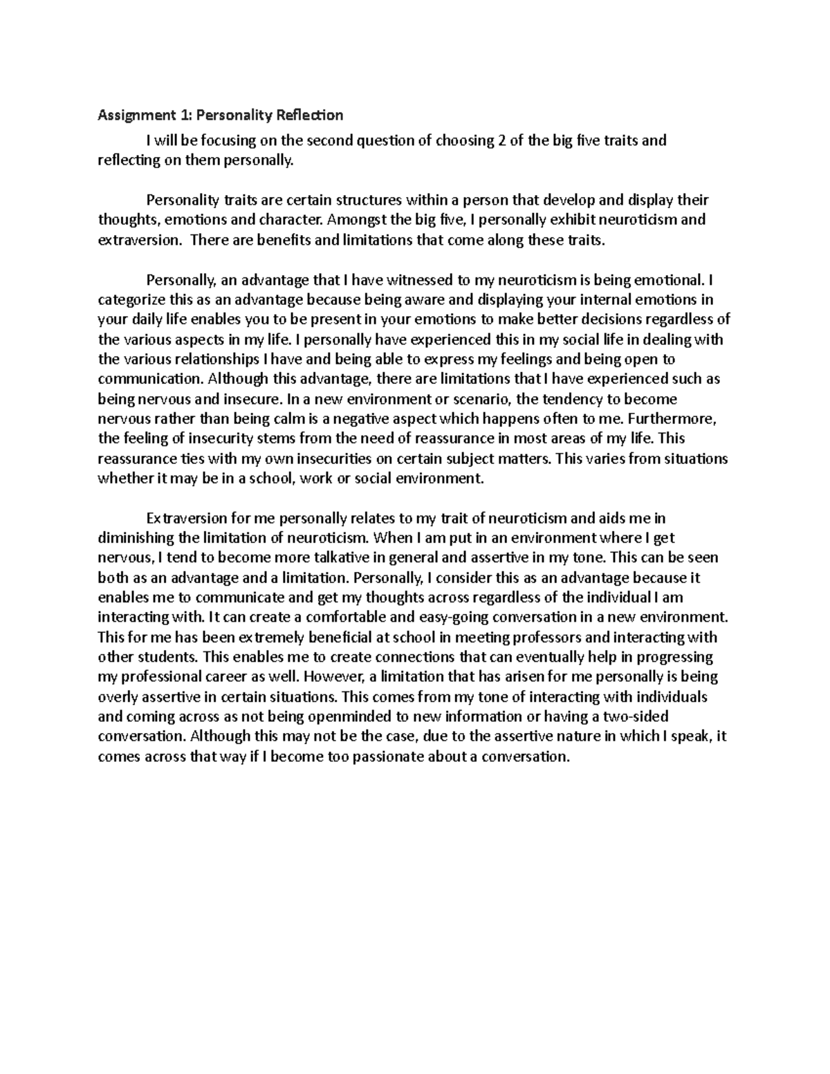 Reflection Paper #1 - Assignment 1: Personality Reflection I will be ...