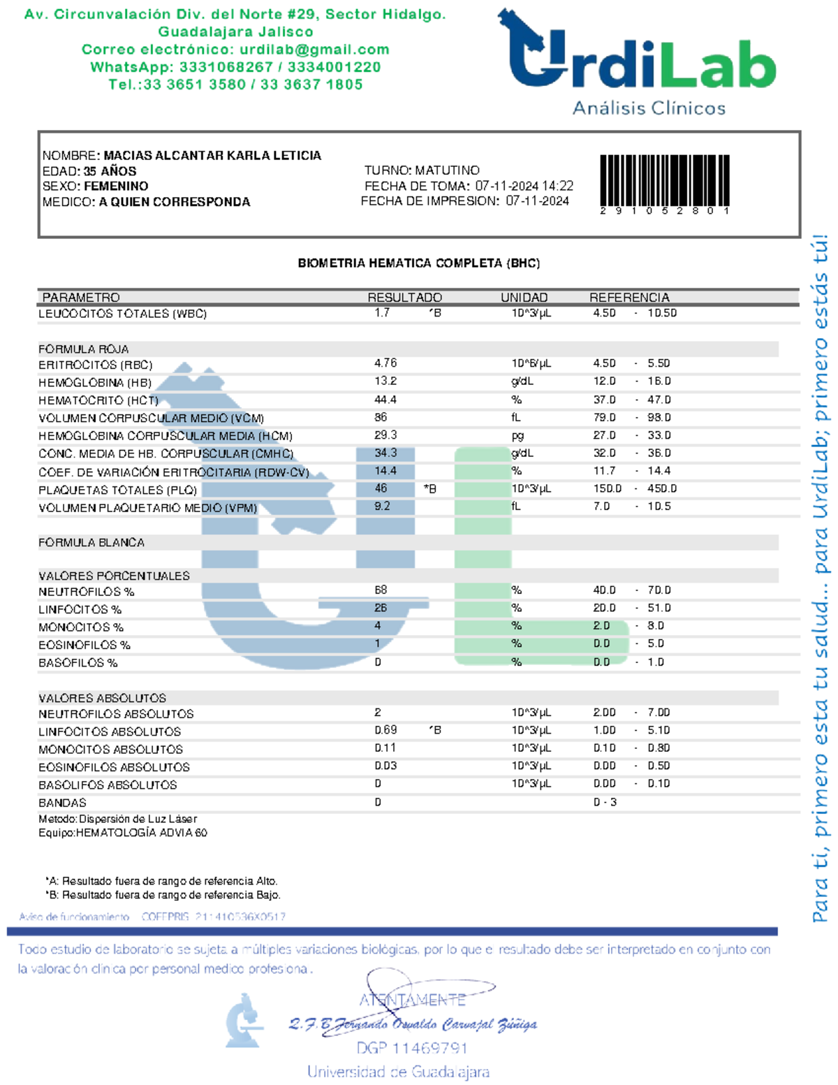 Biometría Hemática Completa (BHC) - Informe de Resultados - Studocu