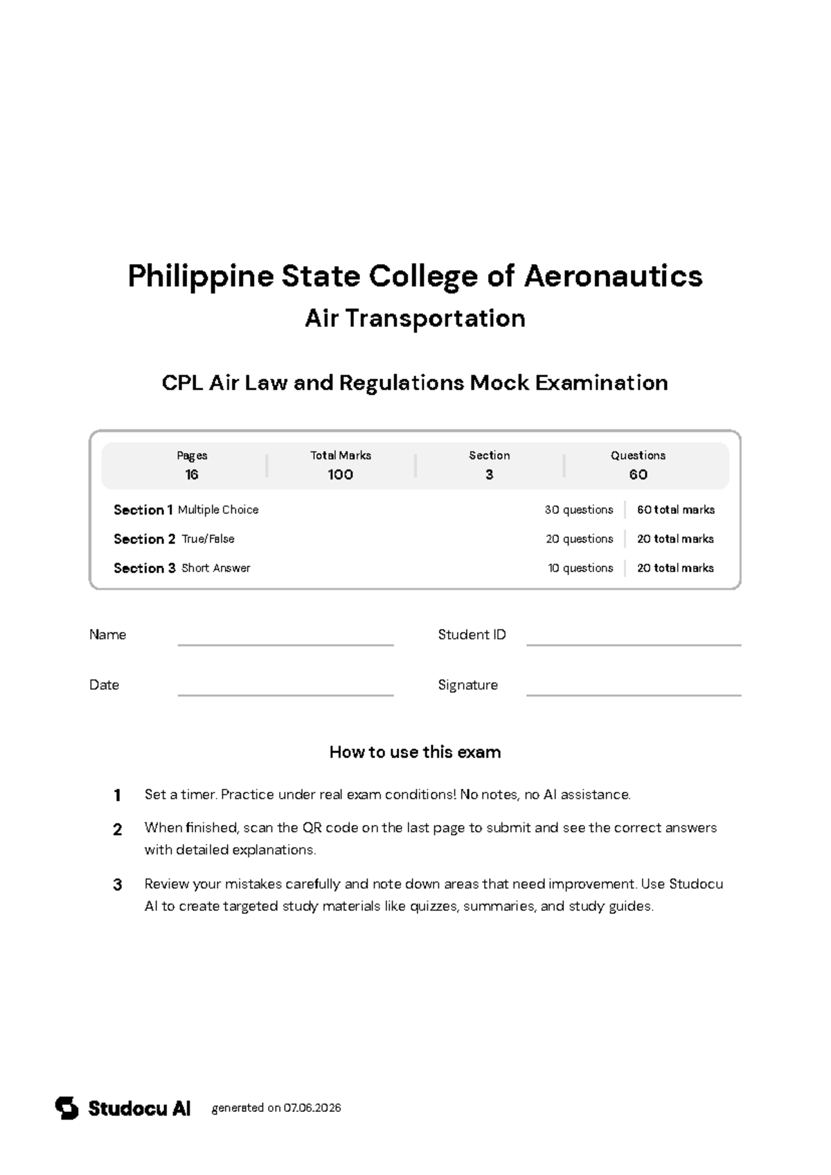 CPL Air Law Mock Exam - Studocu