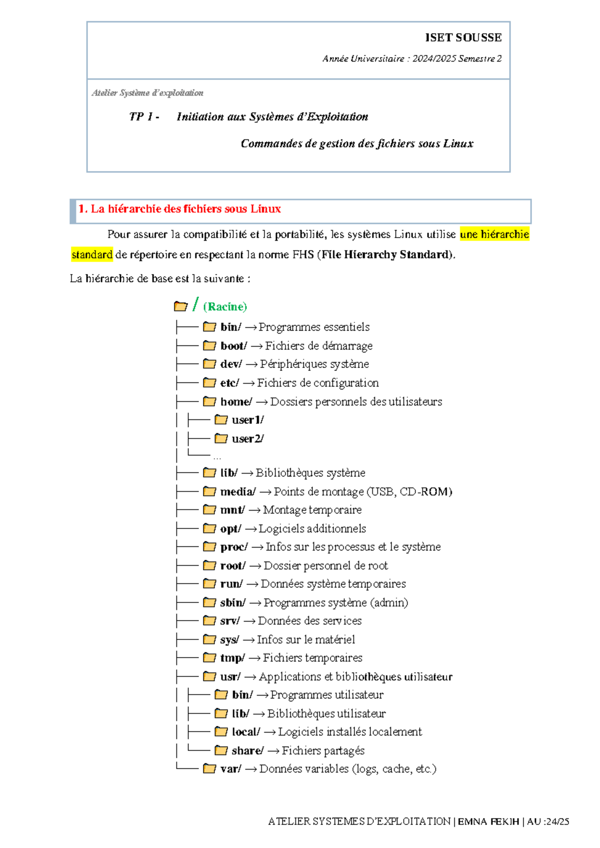 TP1 – Commandes de Gestion des Fichiers sous Linux - ISET SOUSSE - Studocu