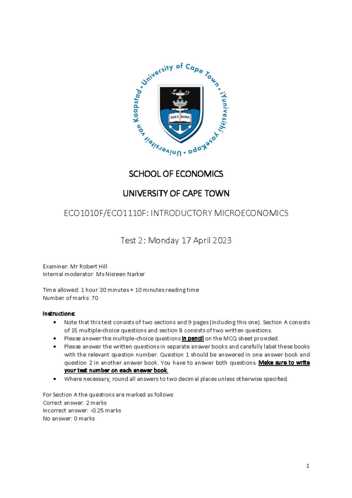 ECO1010.1110F Test 2 2023 - SCHOOL OF ECONOMICS UNIVERSITY OF CAPE TOWN ...