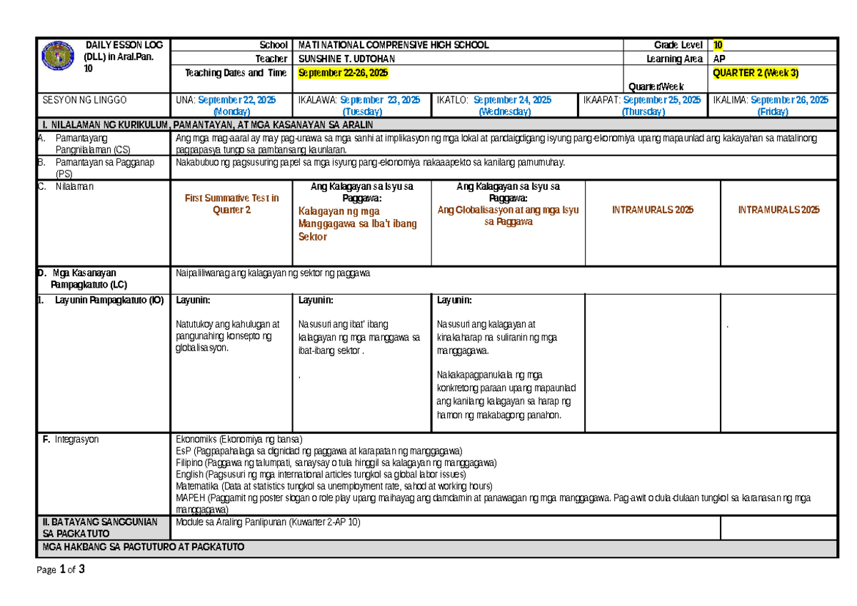 DAILY LESSON LOG (DLL) for 10 AP - Quarter 2, Week 3 - Studocu