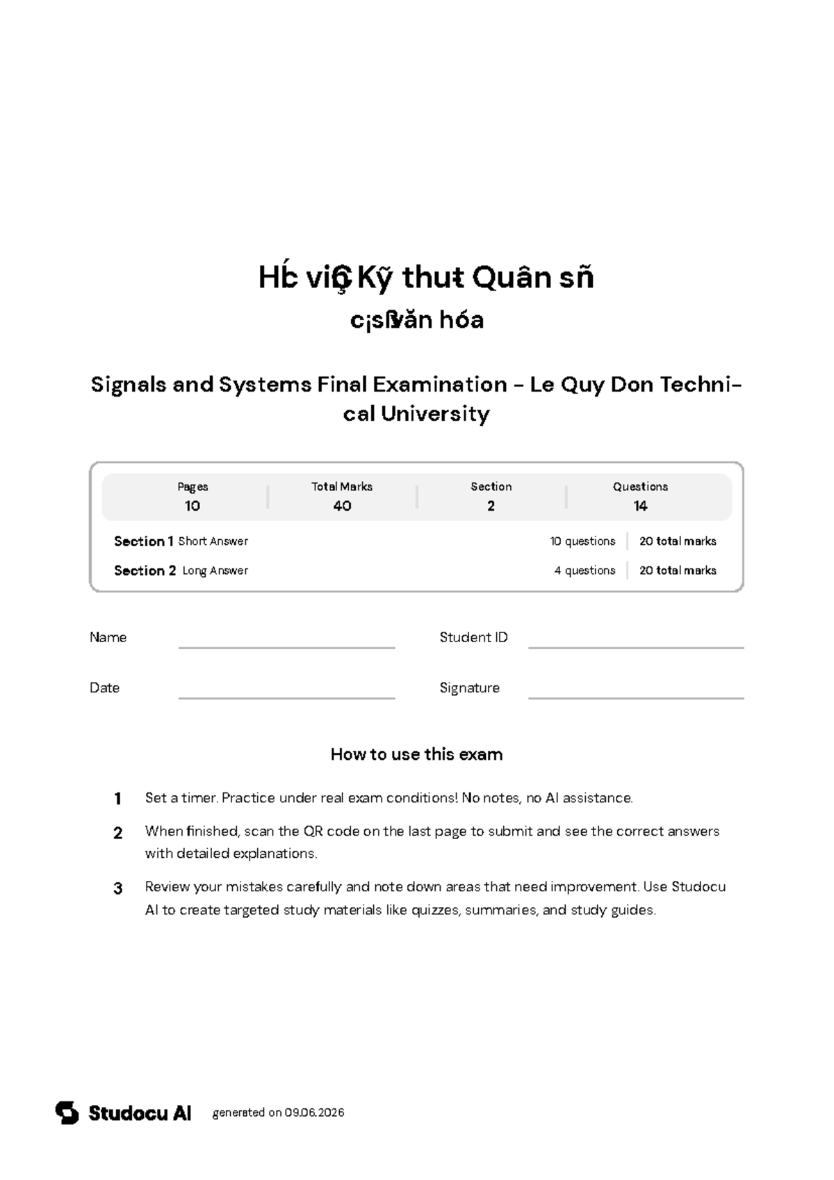 Signals and Systems Final Exam - Le Quy Don Technical University - Studocu