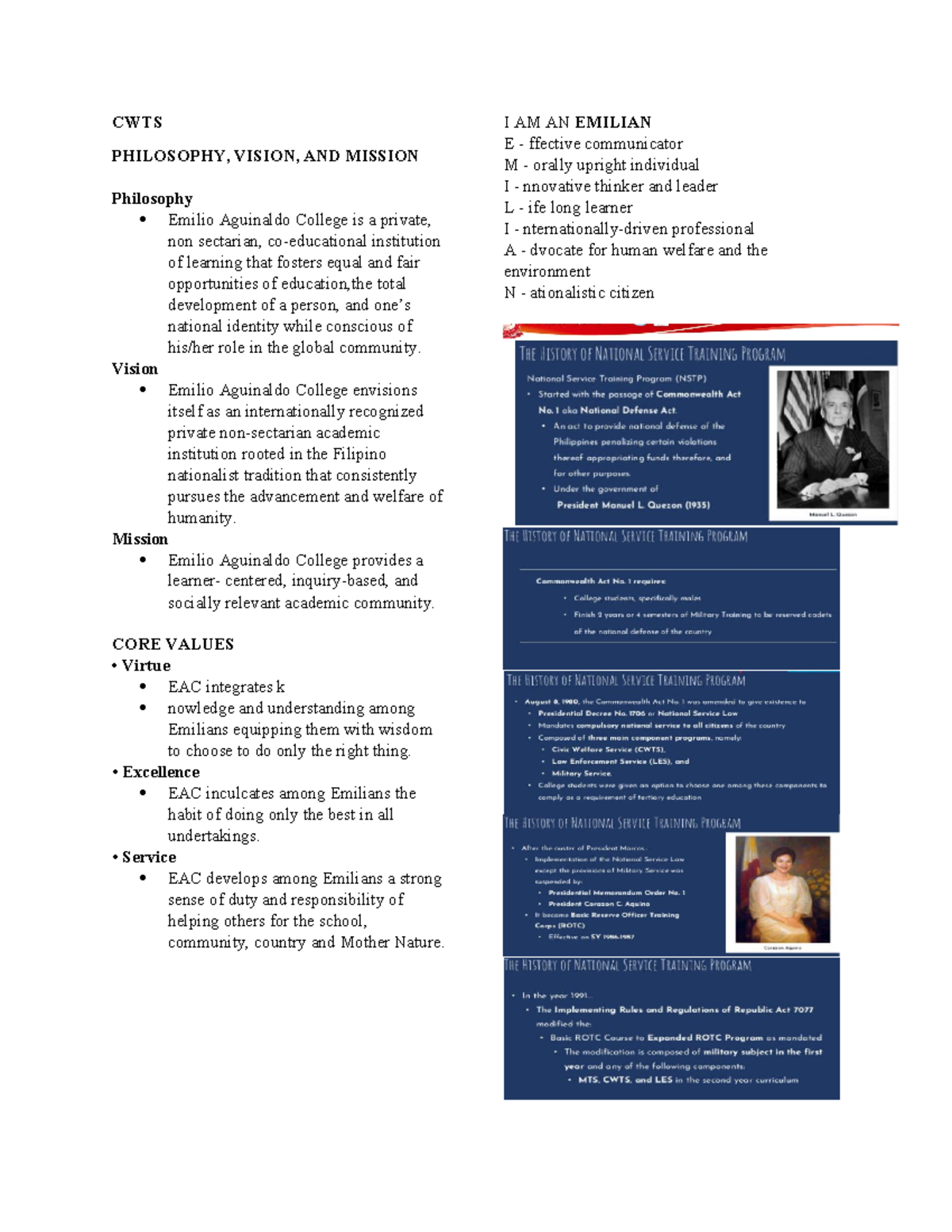 CWTS - National Service Training Program Overview and Core Values - Studocu