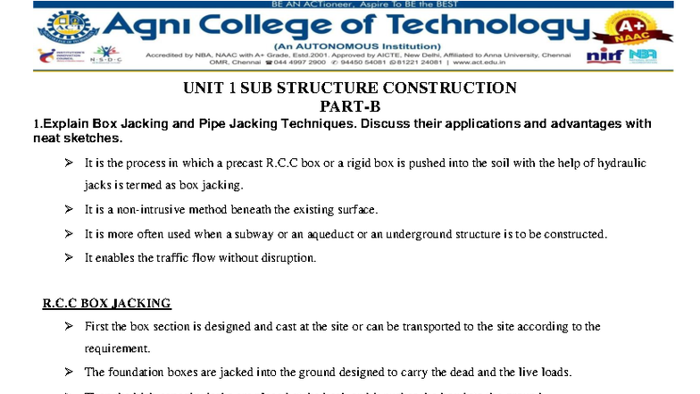 UNIT 1 ACT PART B - Techniques in Substructure Construction and Piling ...