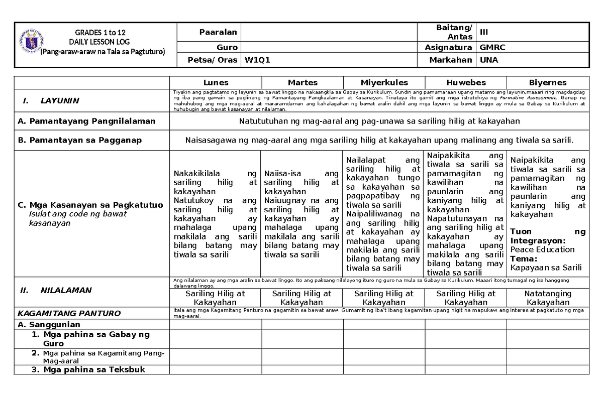 GMRC Grade 3 Daily Lesson Log (DLL) W1Q1: Pagtuturo ng Hilig at ...