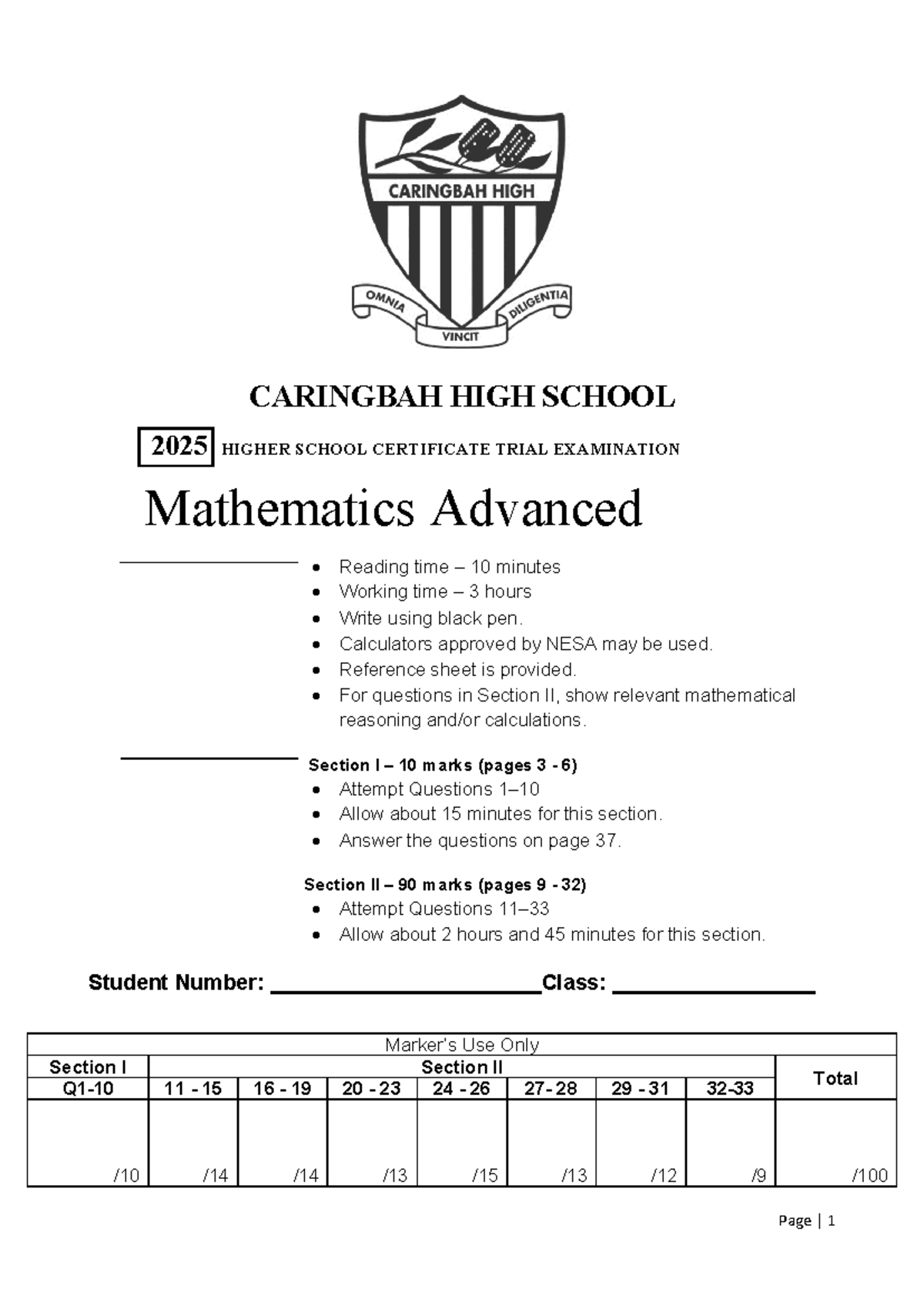 Caringbah High School 2025 HSC Trial Exam: Mathematics Advanced ...