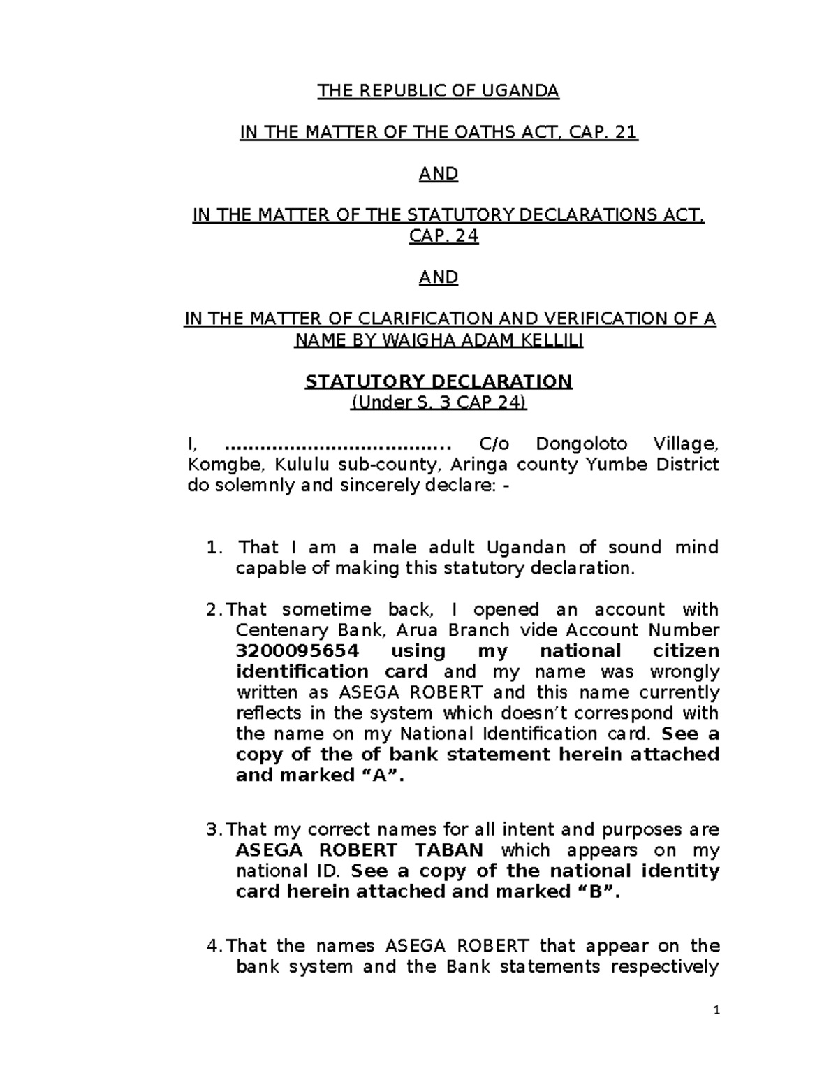 Statutory Declaration: Clarification of Name - Waigha Adam Kellili ...