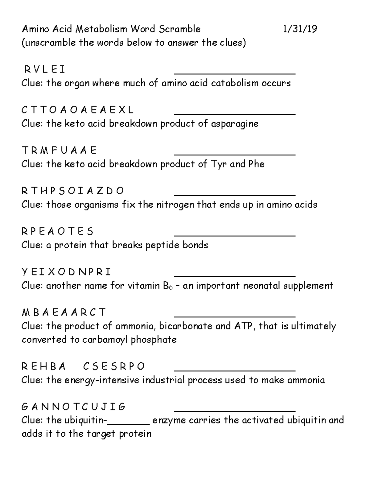 Amino Acid Metabolism Word Scramble: Clues & Answers - Studocu