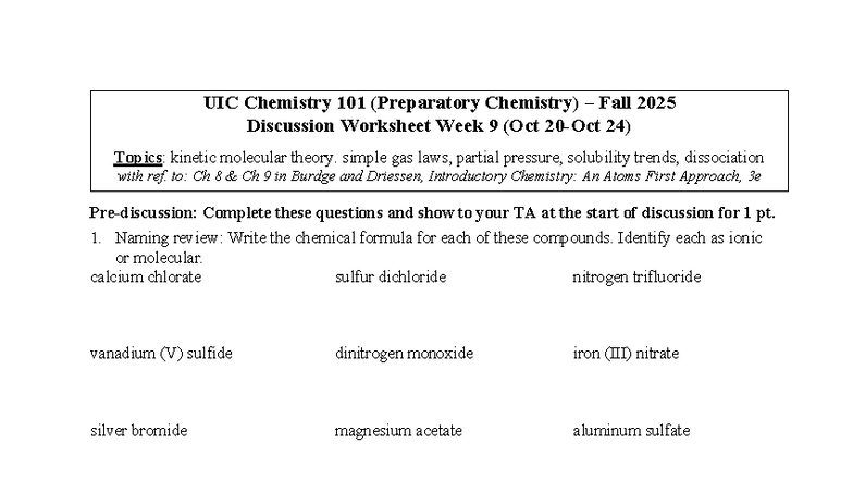 UIC Chem 101 Fall 2025 Discussion Worksheet Wk 9: Gas Laws & Solubility ...