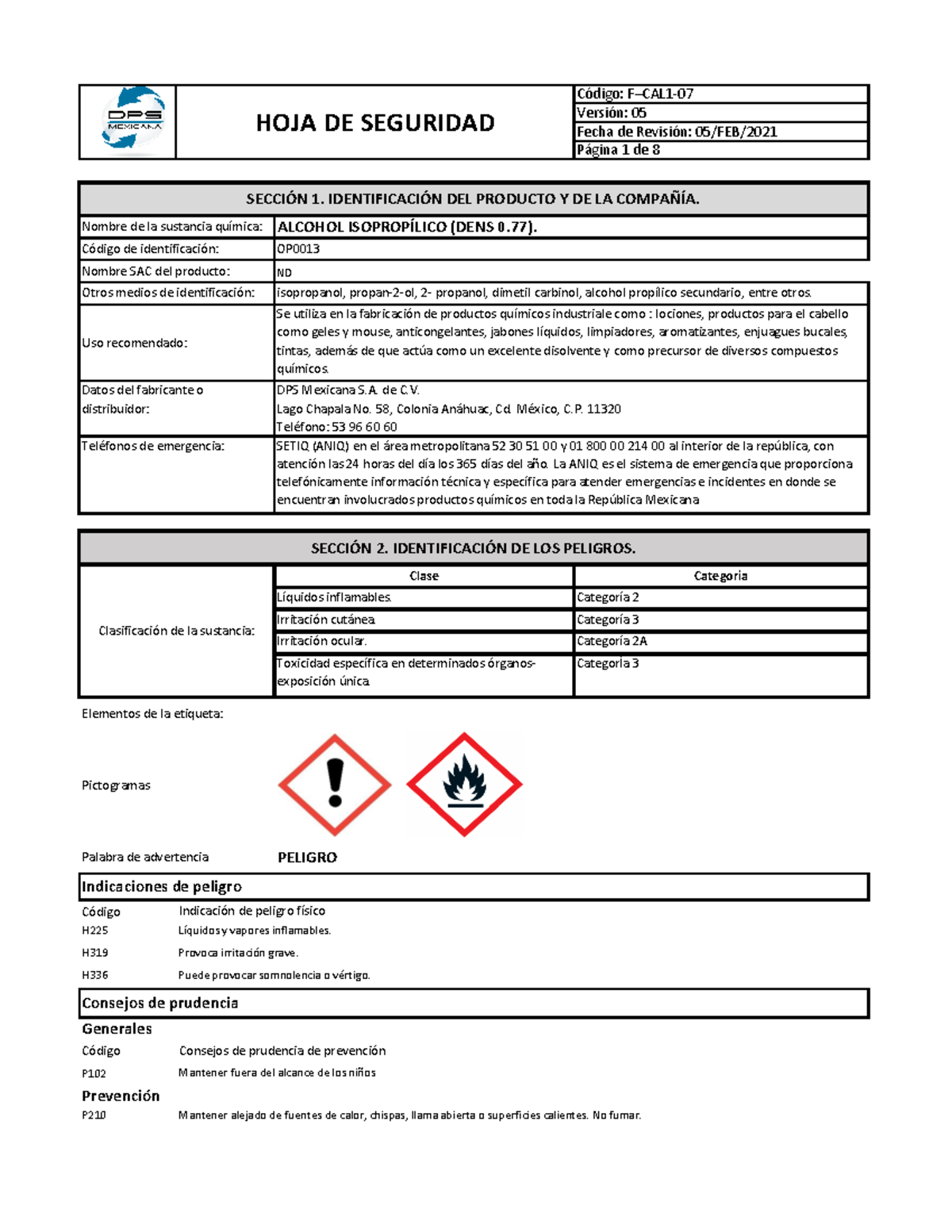 Hoja seguridad alcohol - Código H H H Código P P210 Mantener alejado de ...