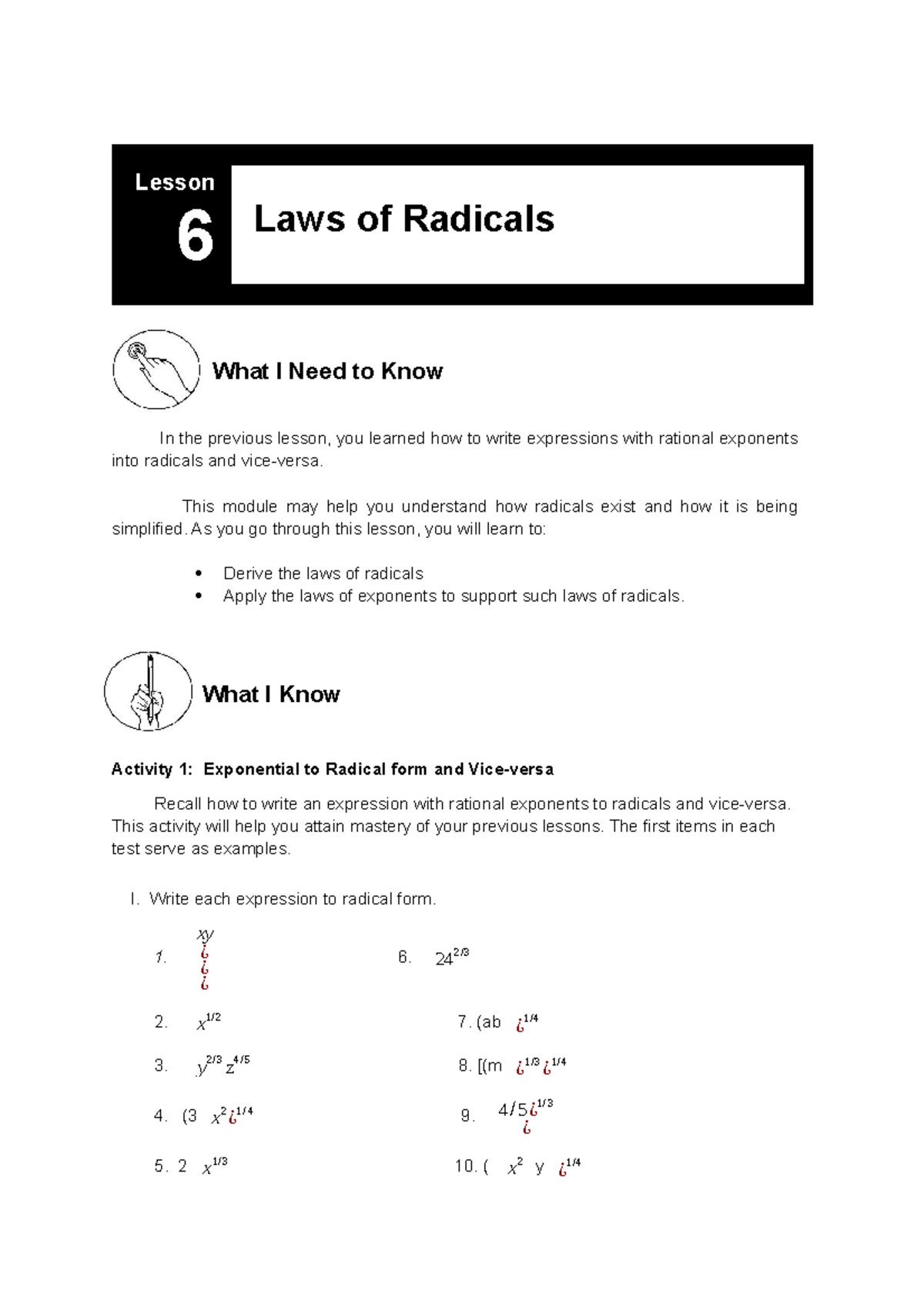 Math9 Q2 W6 Understanding the Laws of Radicals and Exponents - Studocu