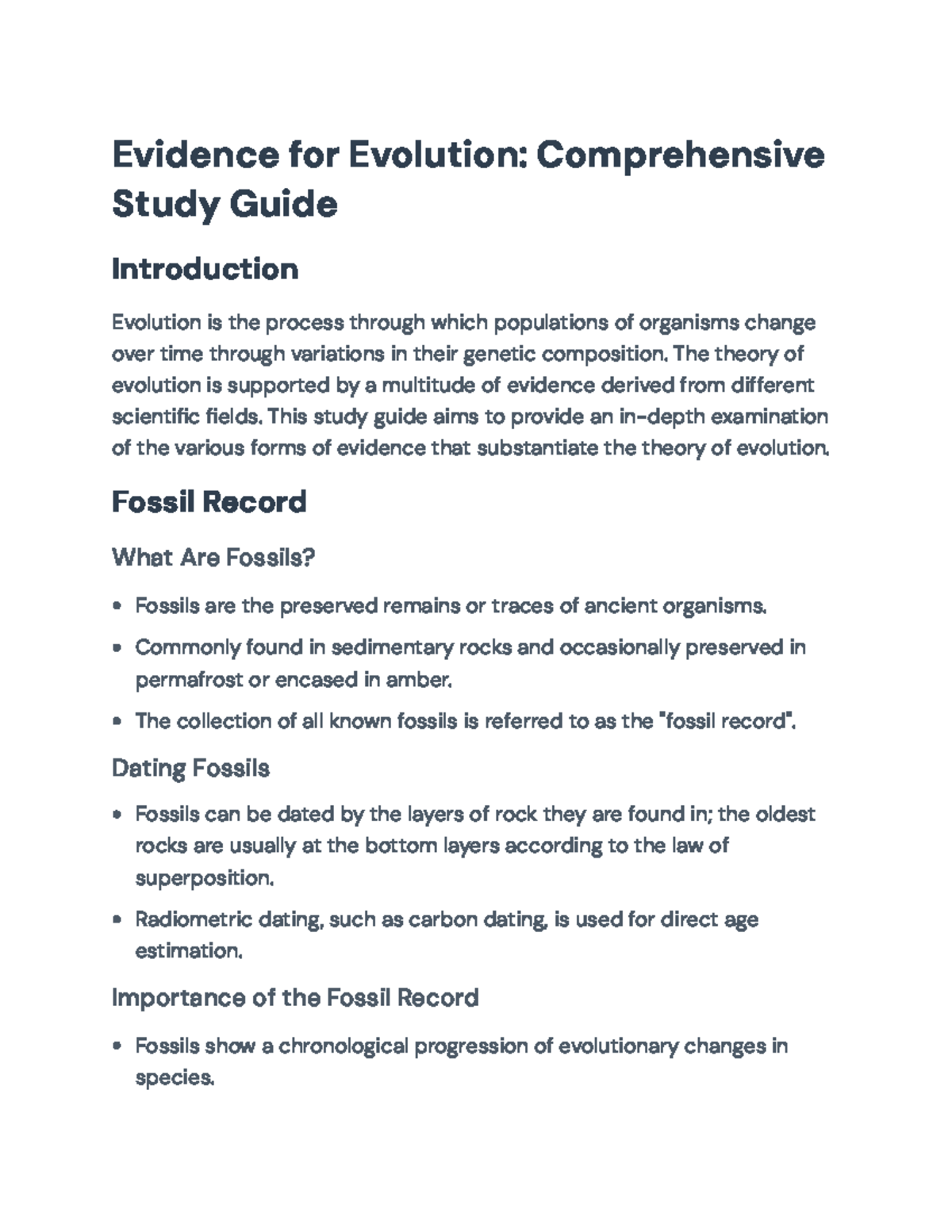 Evidence for Evolution: Comprehensive Study Guide (BIO101) - Evidence ...