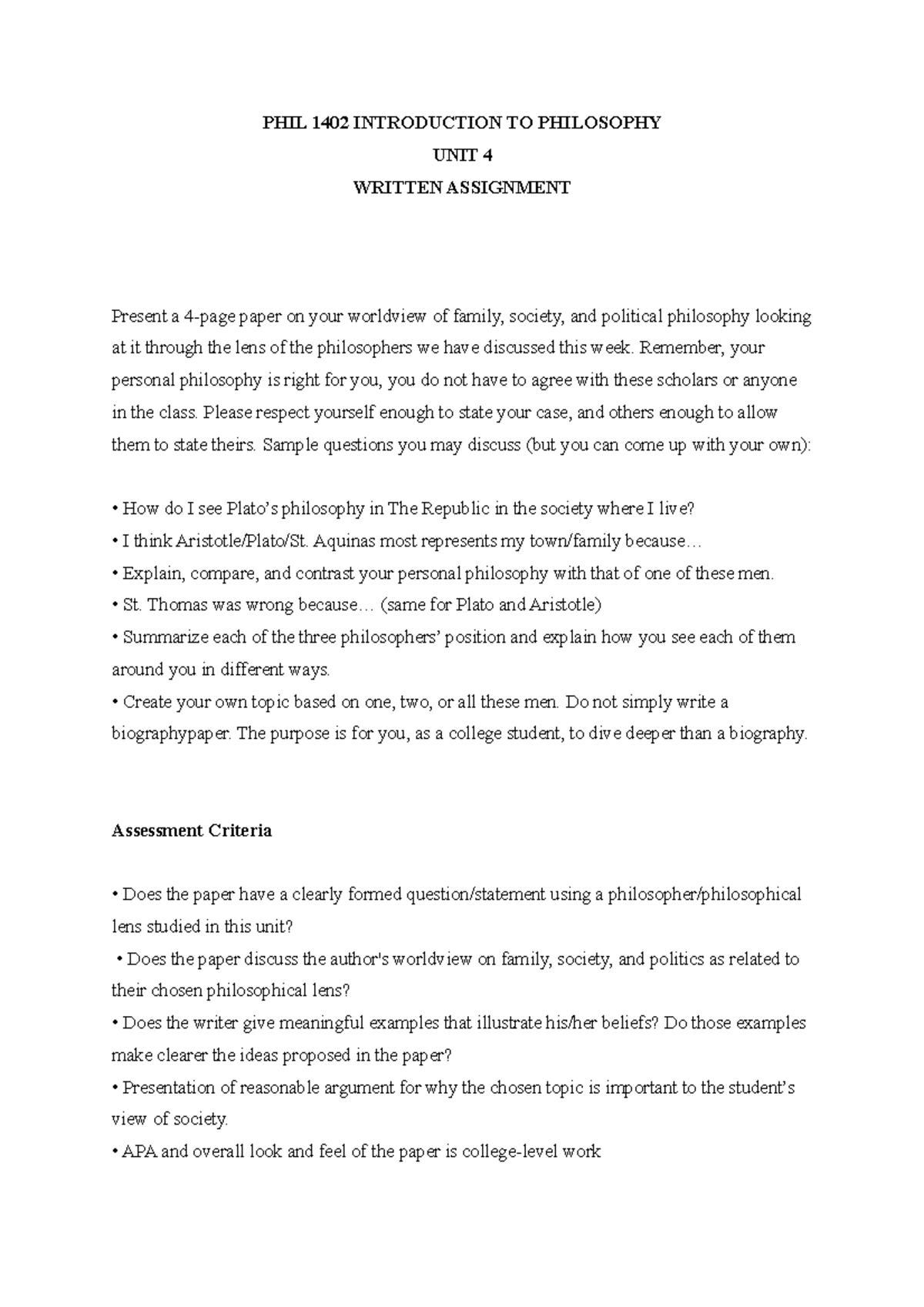 PHIL 1402 Unit 4 Written Assignment: Exploring Personal Worldviews ...