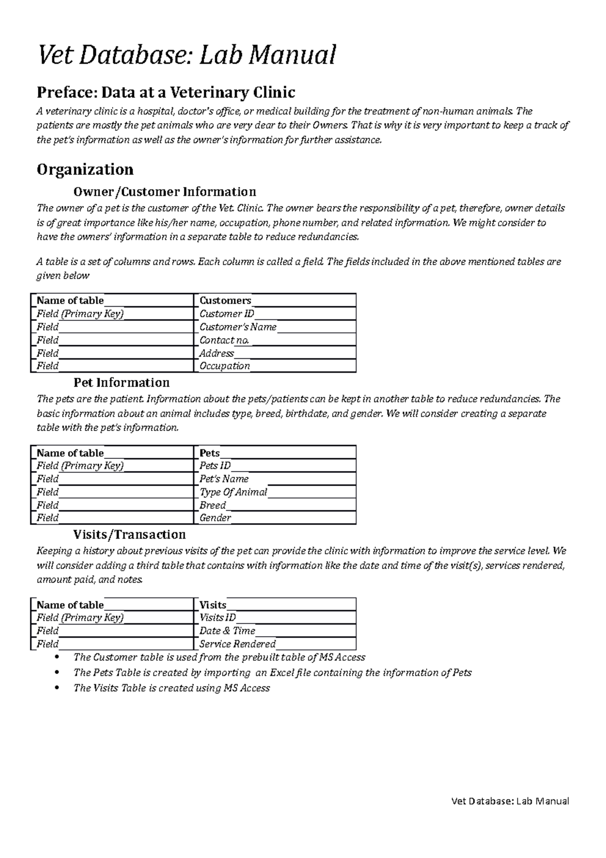 Vet Clinic Database Assignment: MS Access Guide and Tasks - Studocu