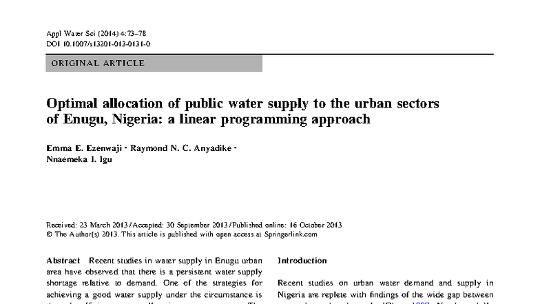 Optimal Water Supply Allocation in Enugu, Nigeria: A Linear Programming ...