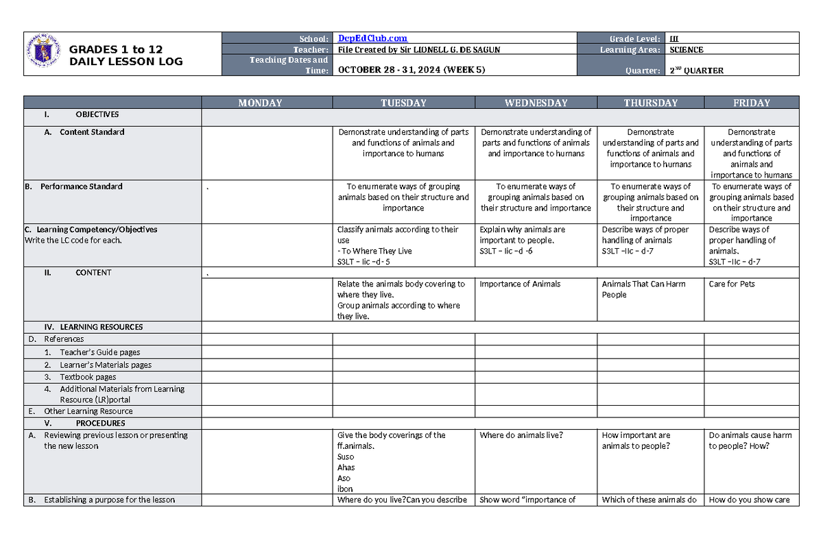 DLL Science 3 Q2 W5 - Weekly Lesson Plans on Animal Importance - Studocu