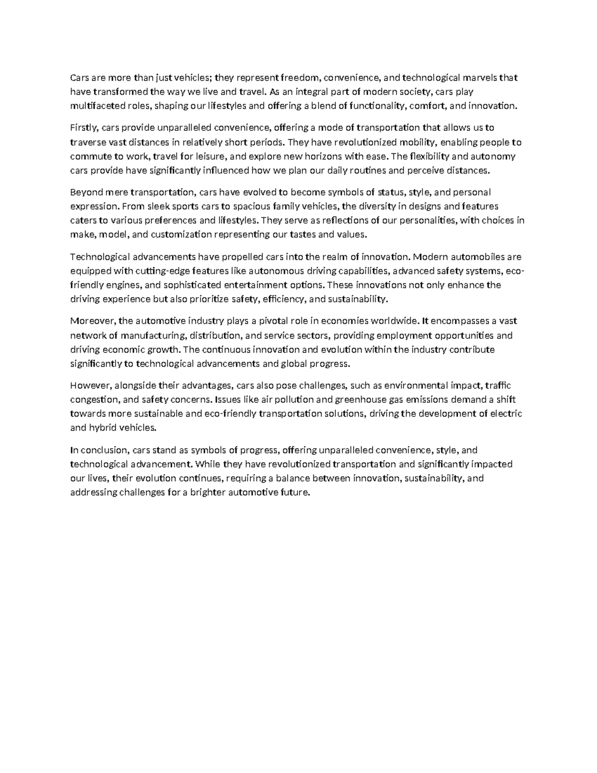 ENG 101 - Essay on the Multifaceted Impact of Cars in Society - Studocu