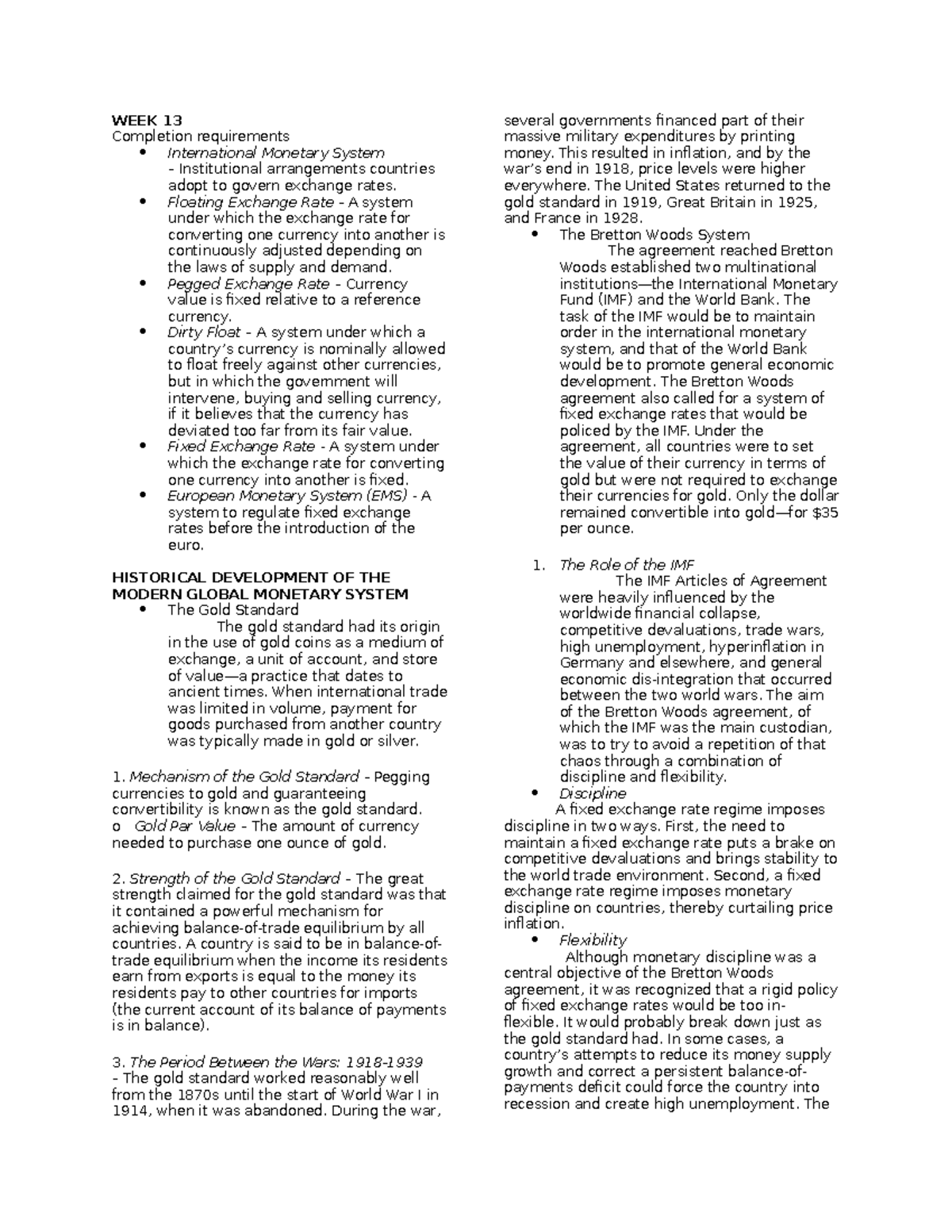 Week 13-15 Lecture Notes: International Monetary System & Exchange ...