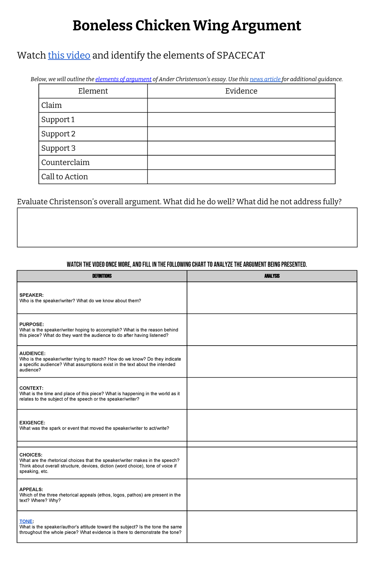 ELA 12: Analyzing the Boneless Chicken Wing Argument Using SPACECAT ...