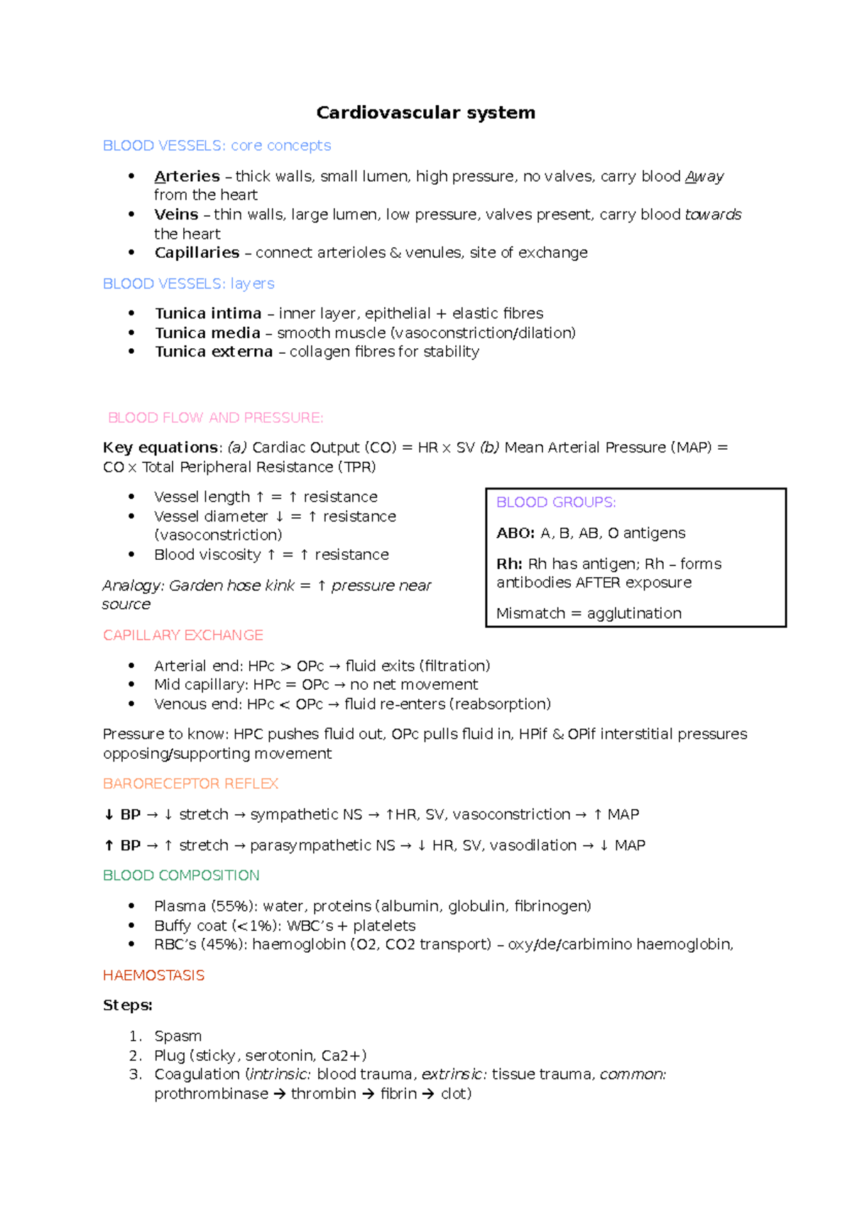 Cardiovascular System Cheat Sheet: Key Concepts & Blood Flow - Studocu